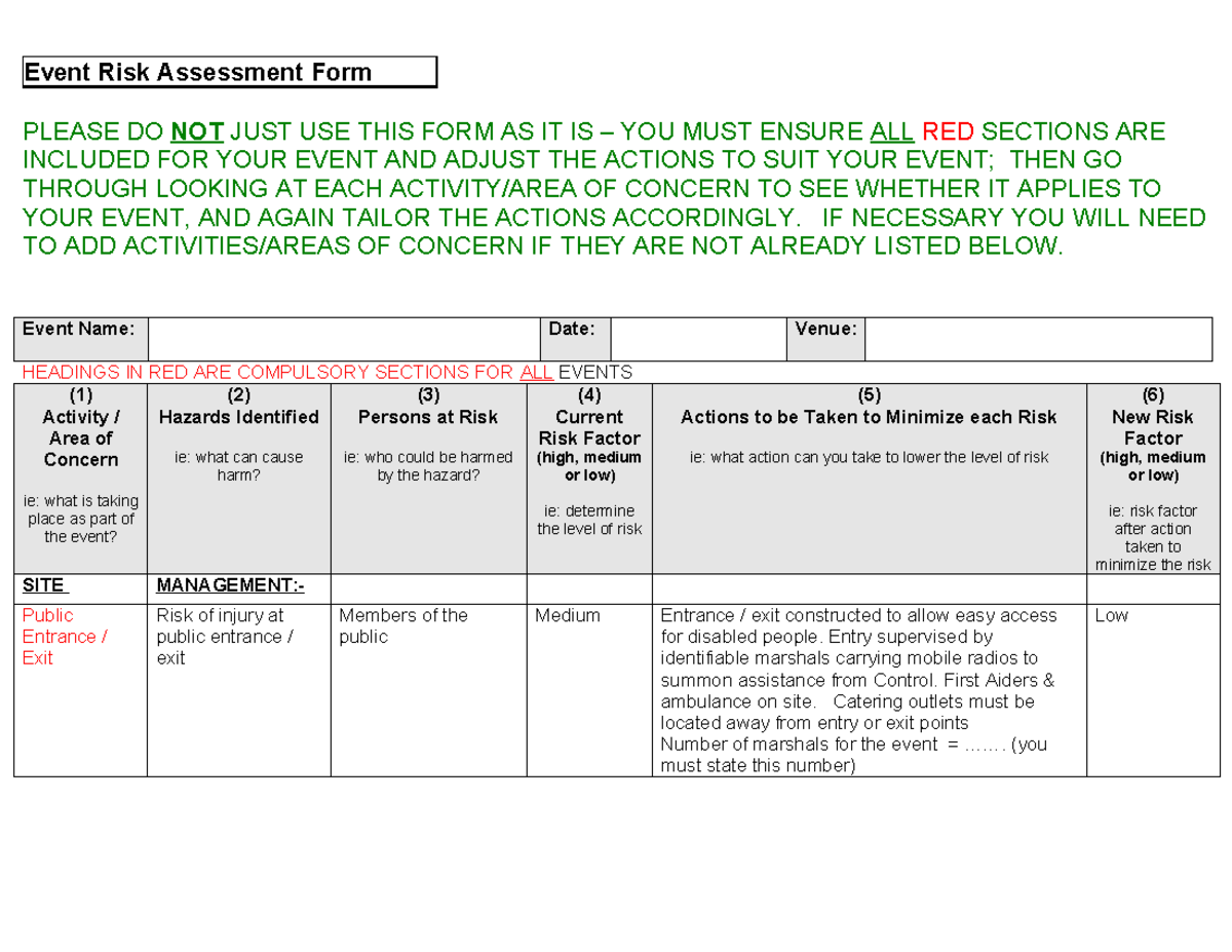 Event risk assessment template - Event Risk Assessment Form PLEASE DO ...