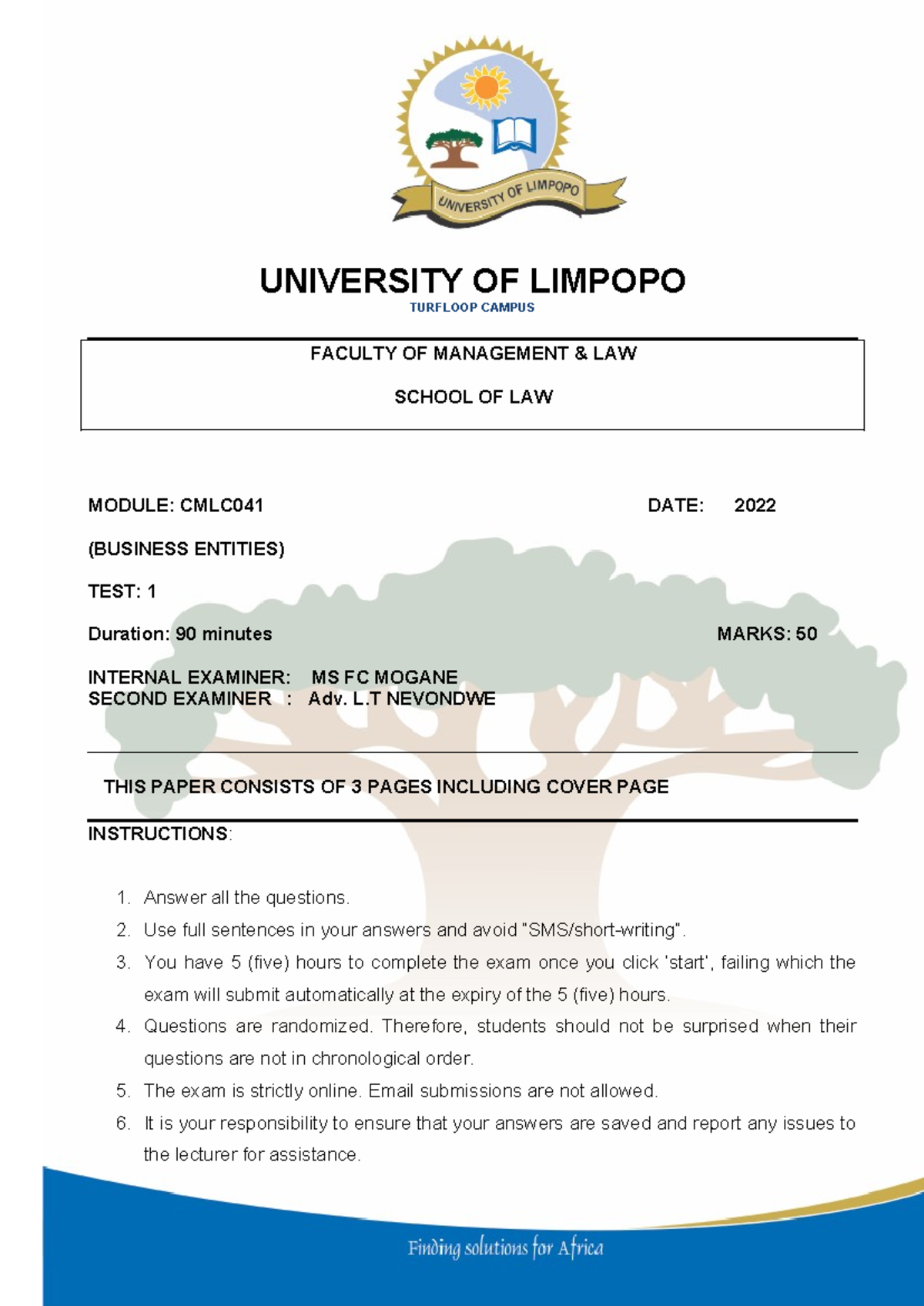 2022 Business Entities TEST1 - UNIVERSITY OF LIMPOPO TURFLOOP CAMPUS ...