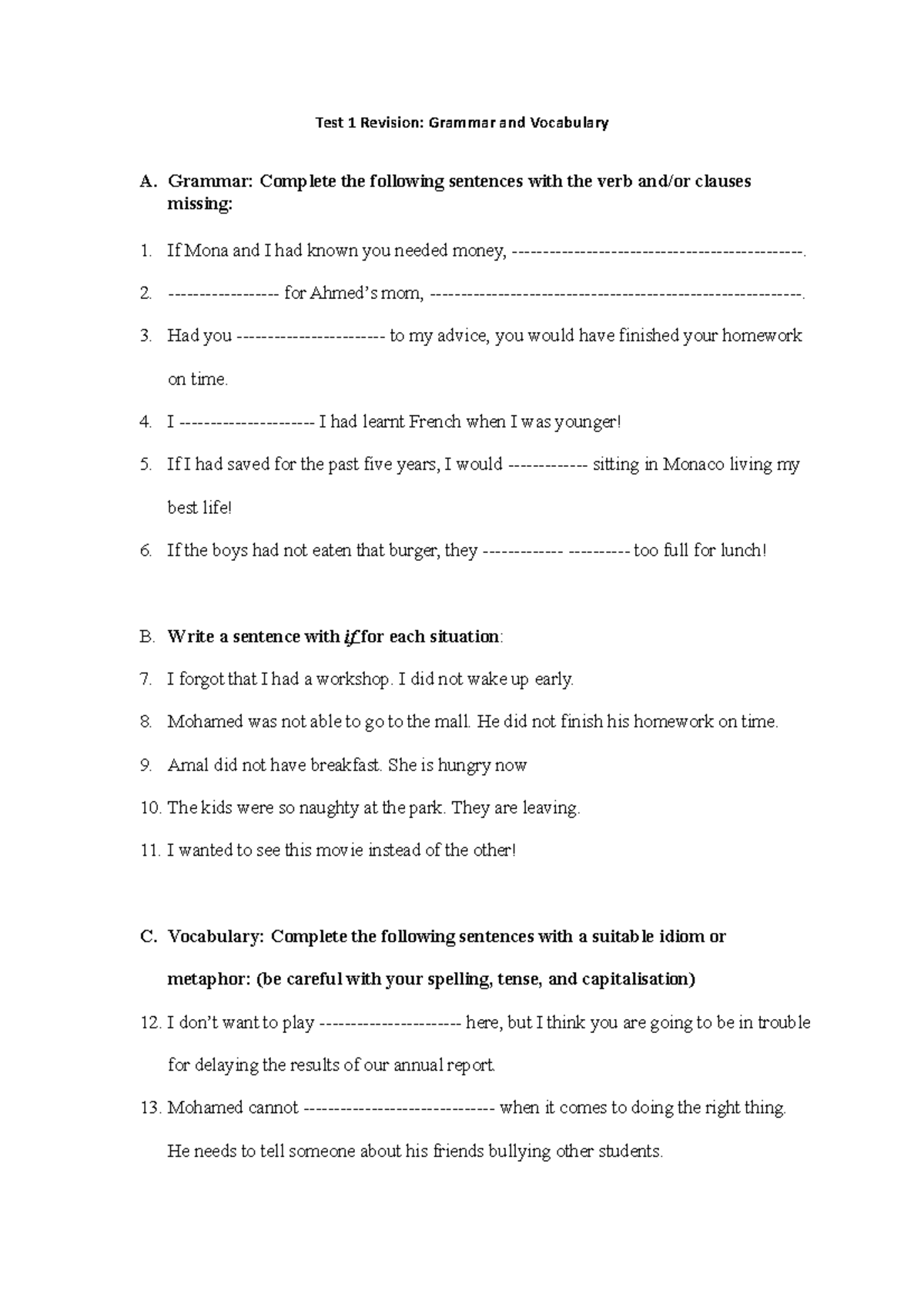 TEST 1 Revision 2 Grammar and Vocabulary Answer key - Test 1 Revision ...