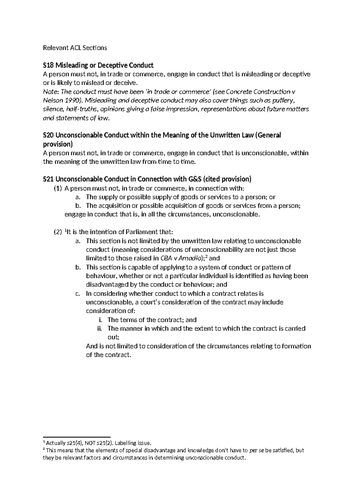 ACL Sections - acl section summary - Relevant ACL Sections S18 Misleading or Deceptive Conduct A ...