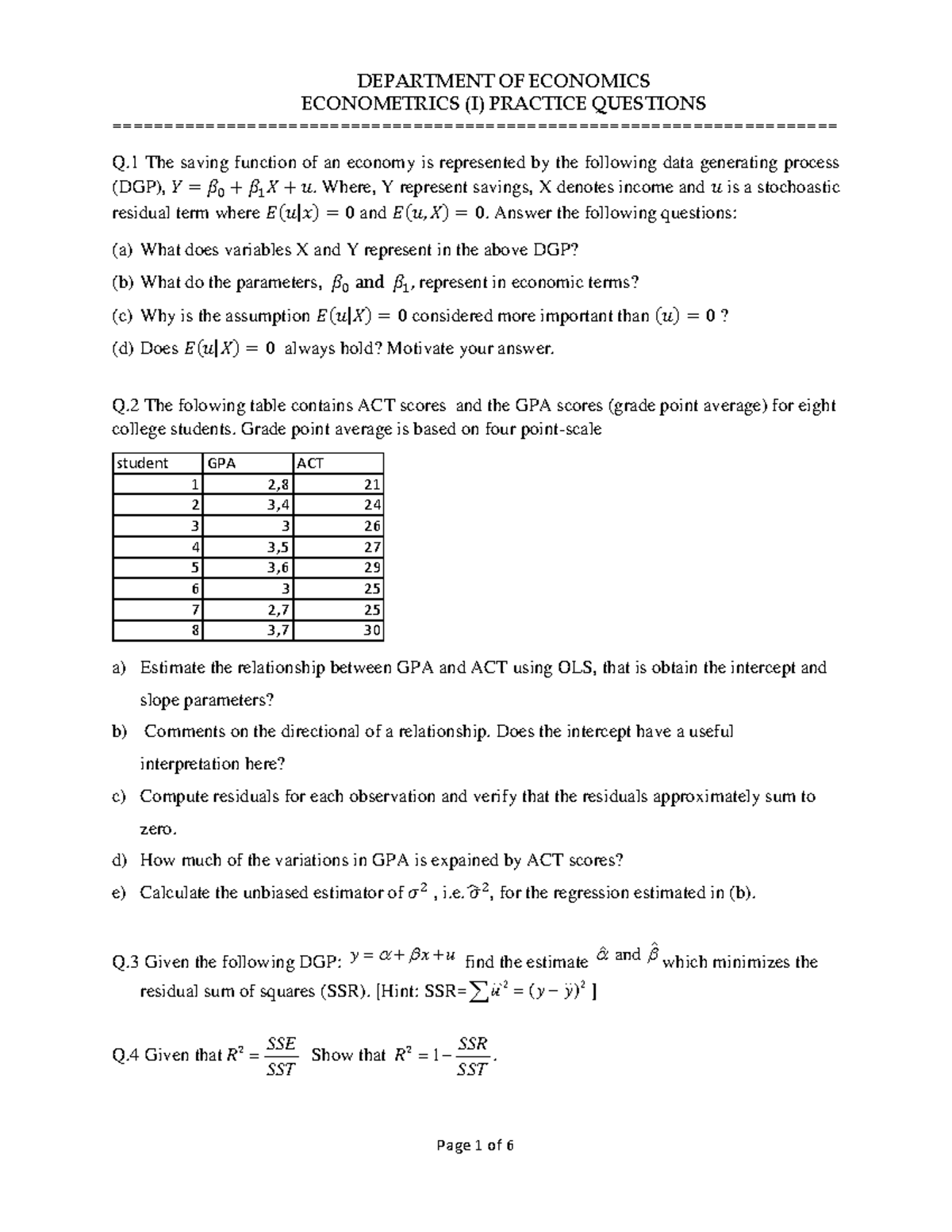 2021 Practice Questions - DEPARTMENT OF ECONOMICS ECONOMETRICS (I ...