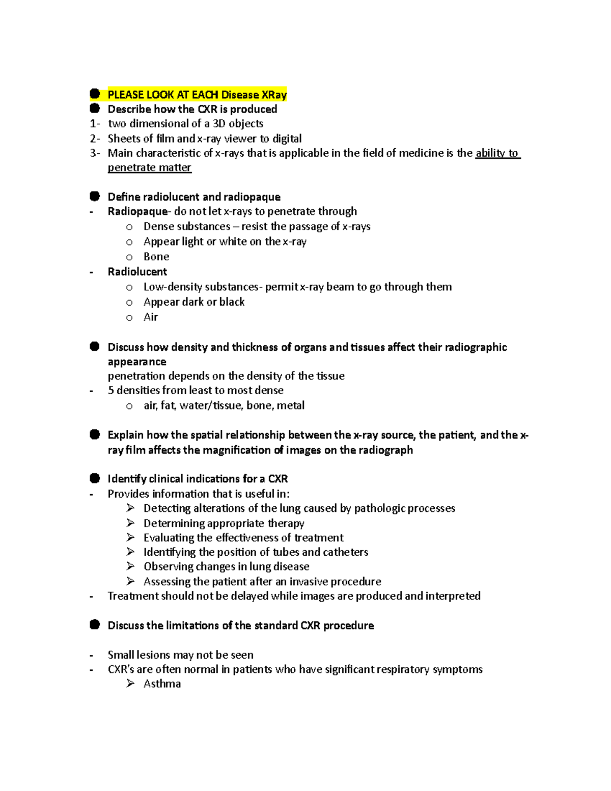 Radiology objectives - PLEASE LOOK AT EACH Disease XRay Describe how ...