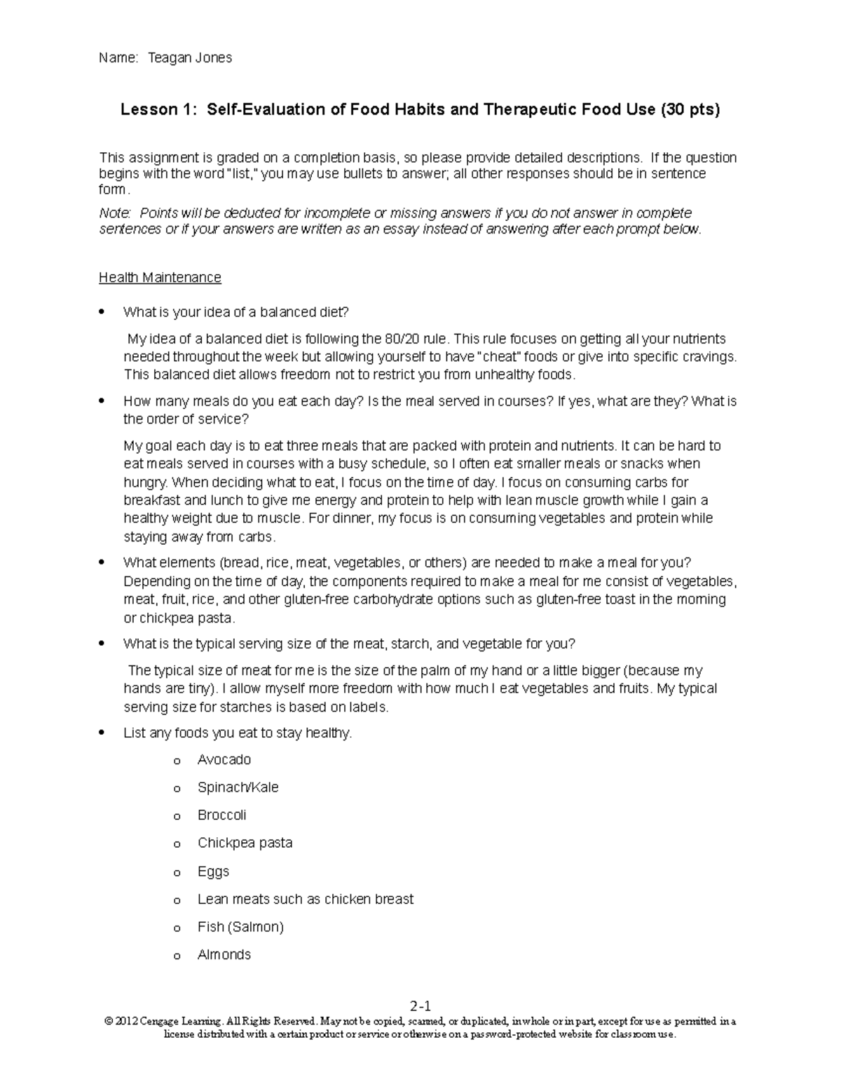 Lesson 1 Self-Evaluation of Food Habits and Therapeutic Food Use ...