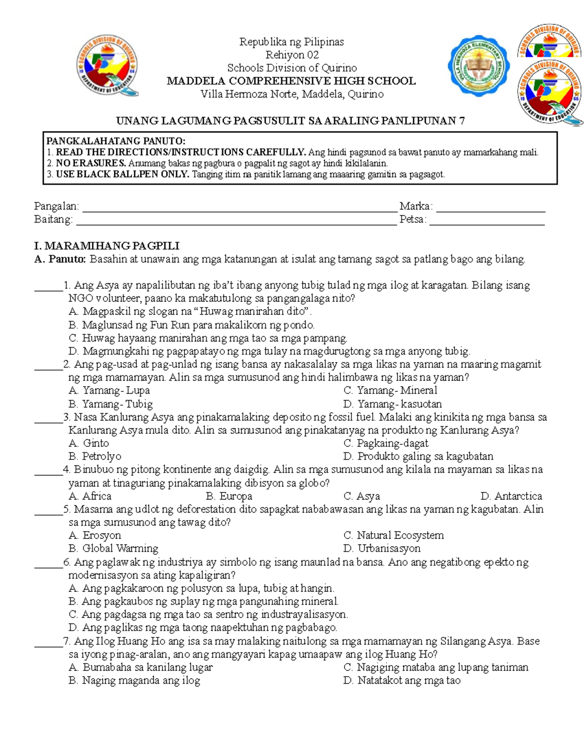 Unang Lagumang Pagsusulit SA AP 7 - Republika ng Pilipinas Rehiyon 02 ...