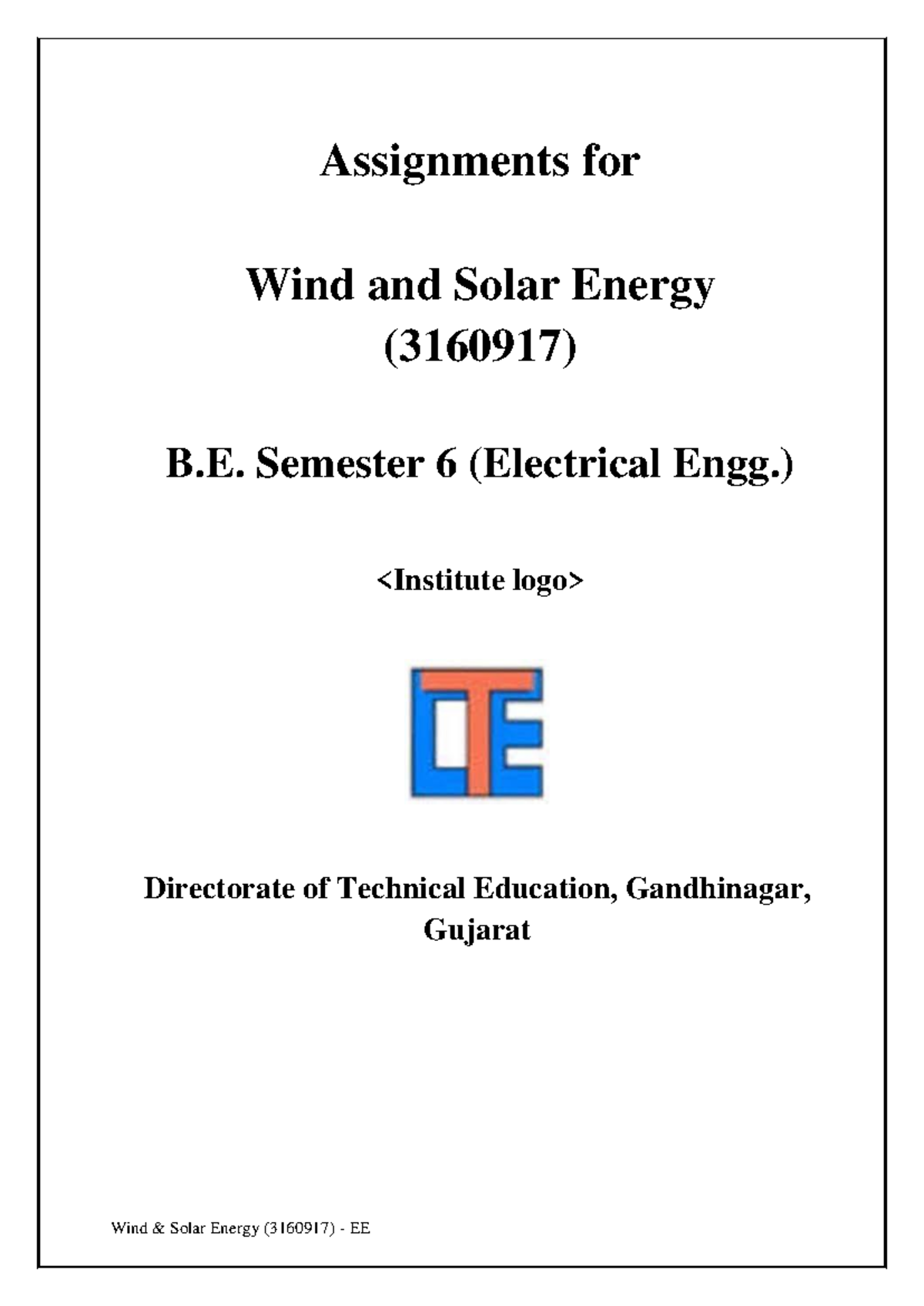 WSE 3160917 Assignment - Assignments for Wind and Solar Energy (3160917) B. Semester 6 ...