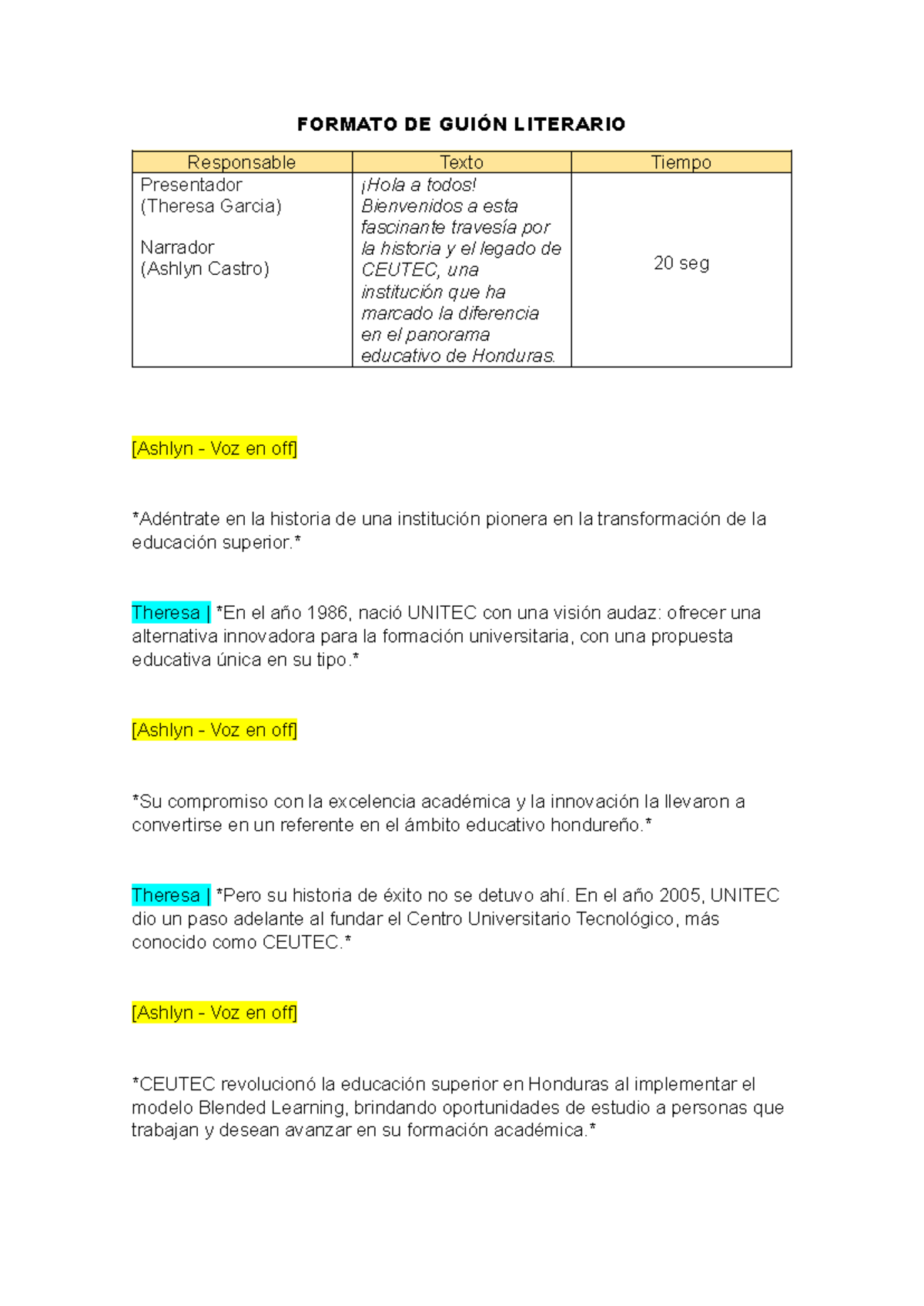 Formato DE Guión Literario 2 - FORMATO DE GUIÓN LITERARIO Responsable ...
