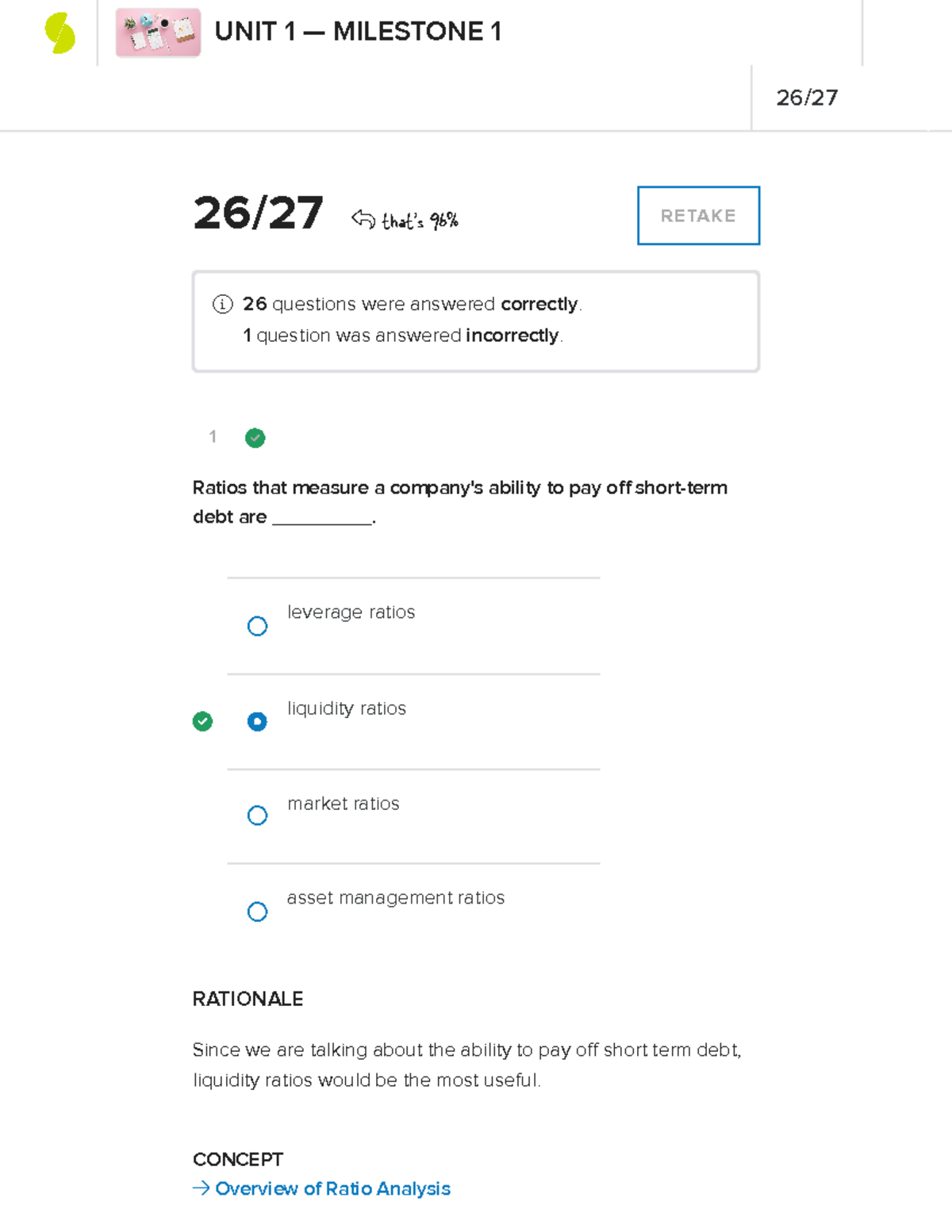 Finance milestone 1 - 1 CONCEPT → Overview of Ratio Analysis 26 / 27 ...
