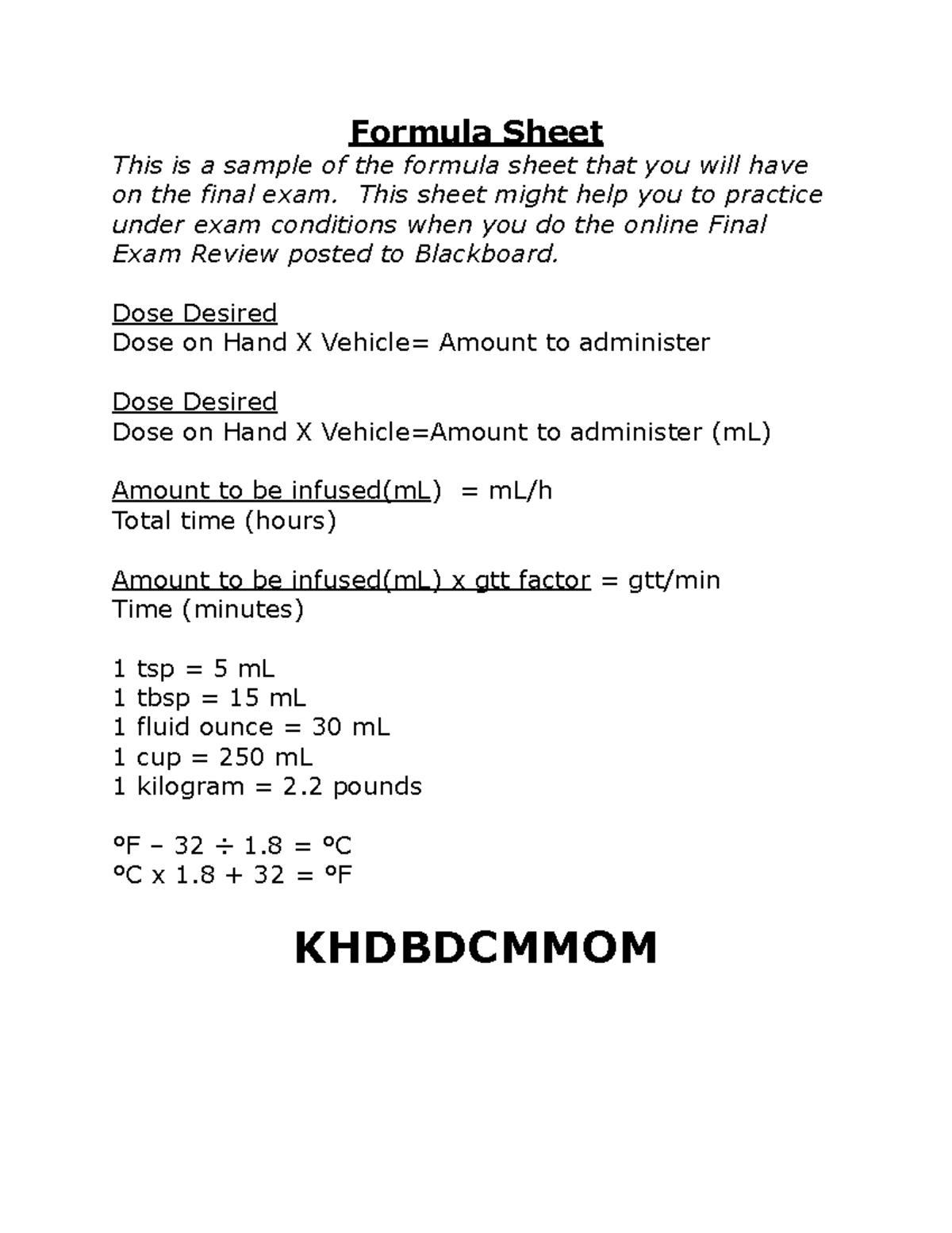 Sample Formula Sheet - Formula Sheet This is a sample of the formula ...