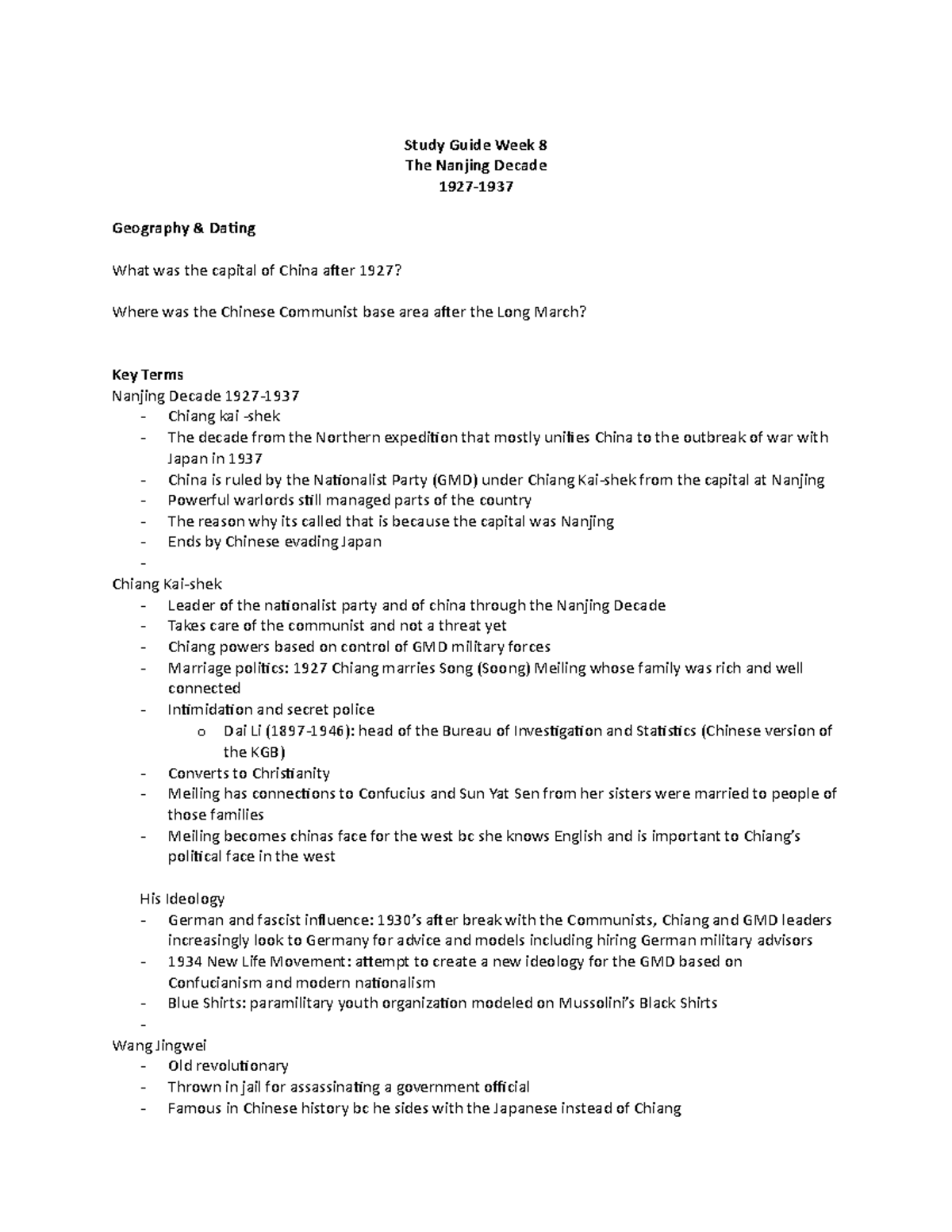 Study Guide Week 8 The Nanjing Decade 1927-1937 - Study Guide Week 8 ...