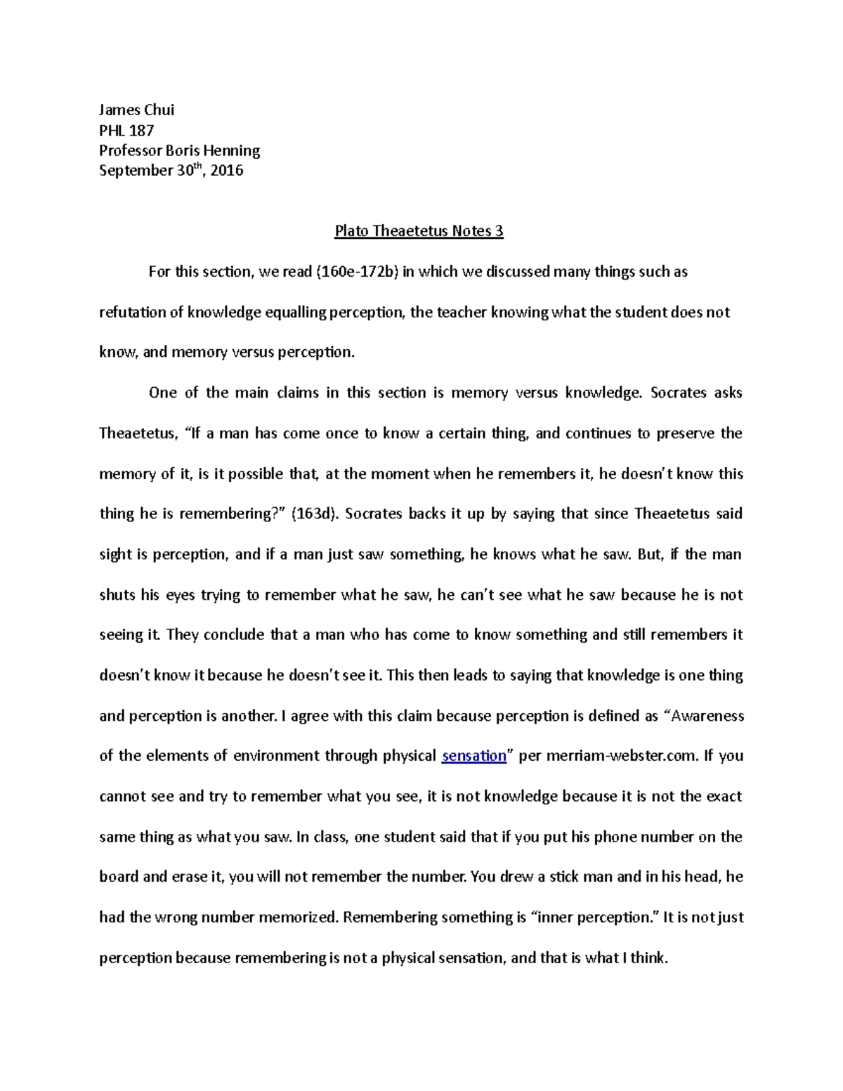 PHL 187 Notes 3 - Week 3 - James Chui PHL 187 Professor Boris ...