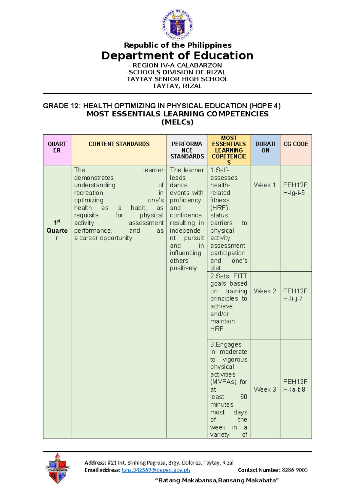 Melcs HOPE 4 - competencies - Republic of the Philippines Department of ...