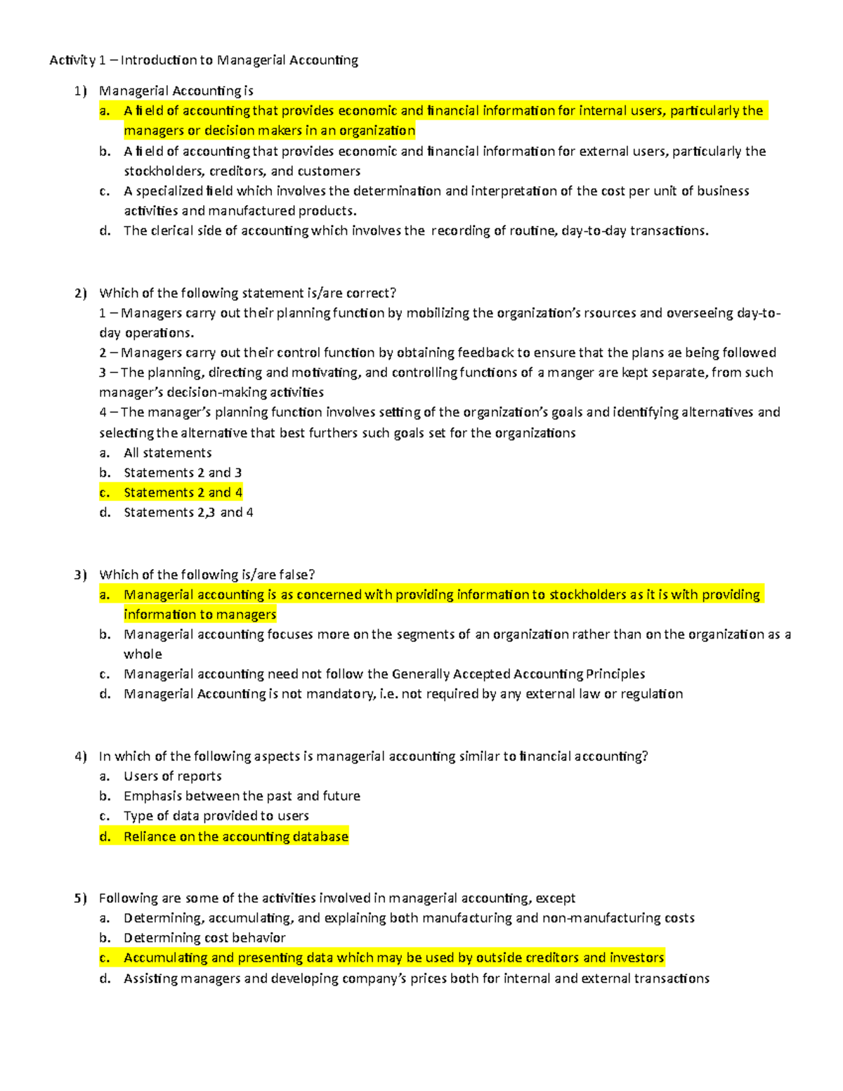 Activity 1 - Key Answers - Activity 1 – Introduction to Managerial ...