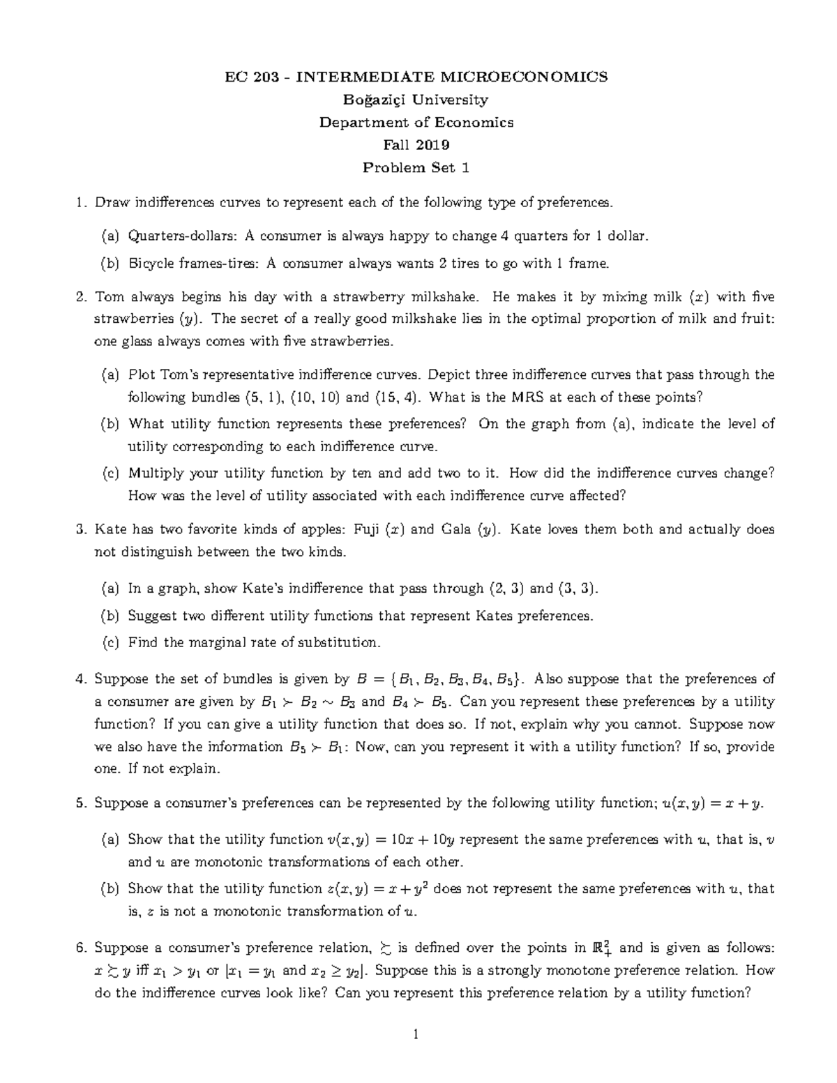 EC203 - Problem Set 1 - best - EC 203 - INTERMEDIATE MICROECONOMICS Bo ...