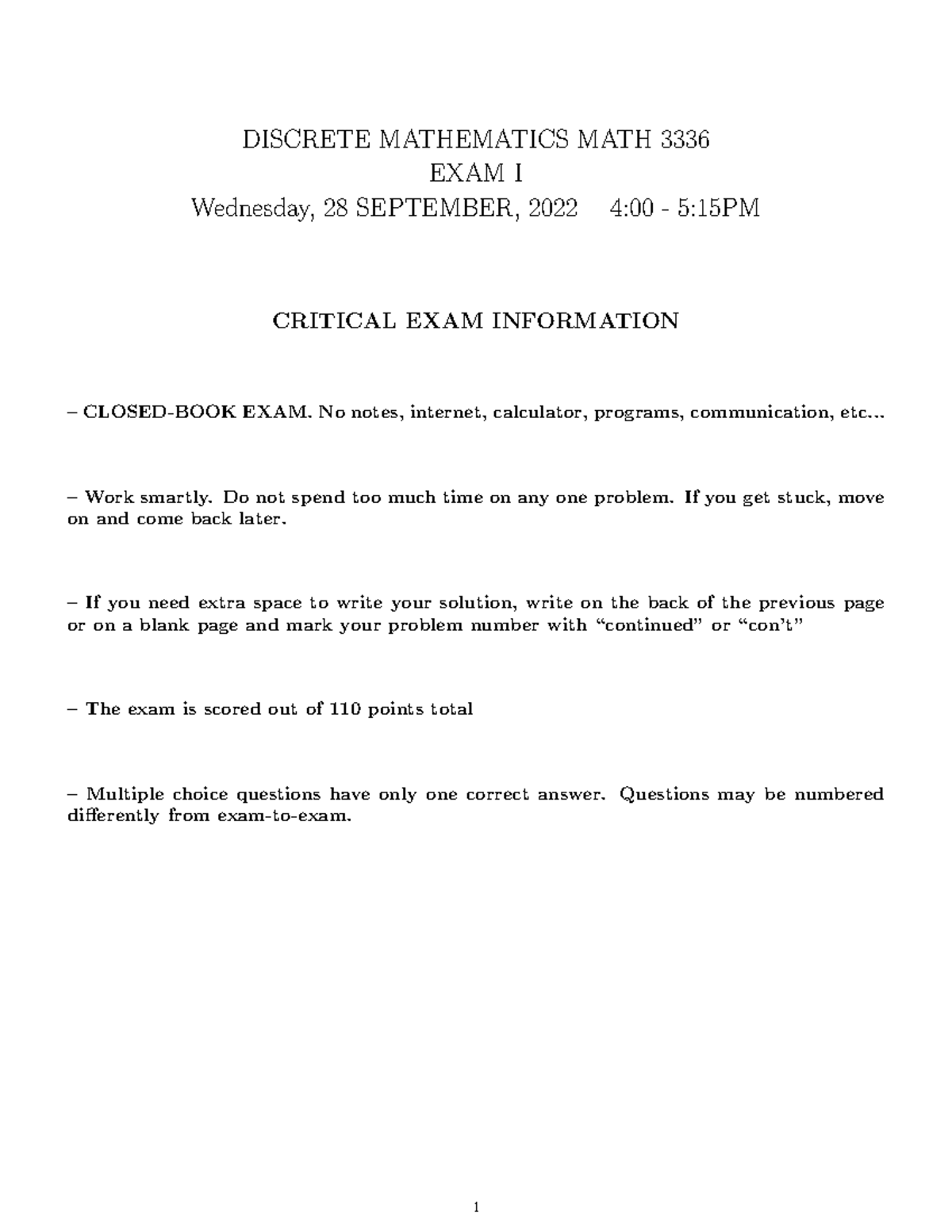 22 8 Math 3336 Exam 1 Professor Winkle Exam I Wednesday 28