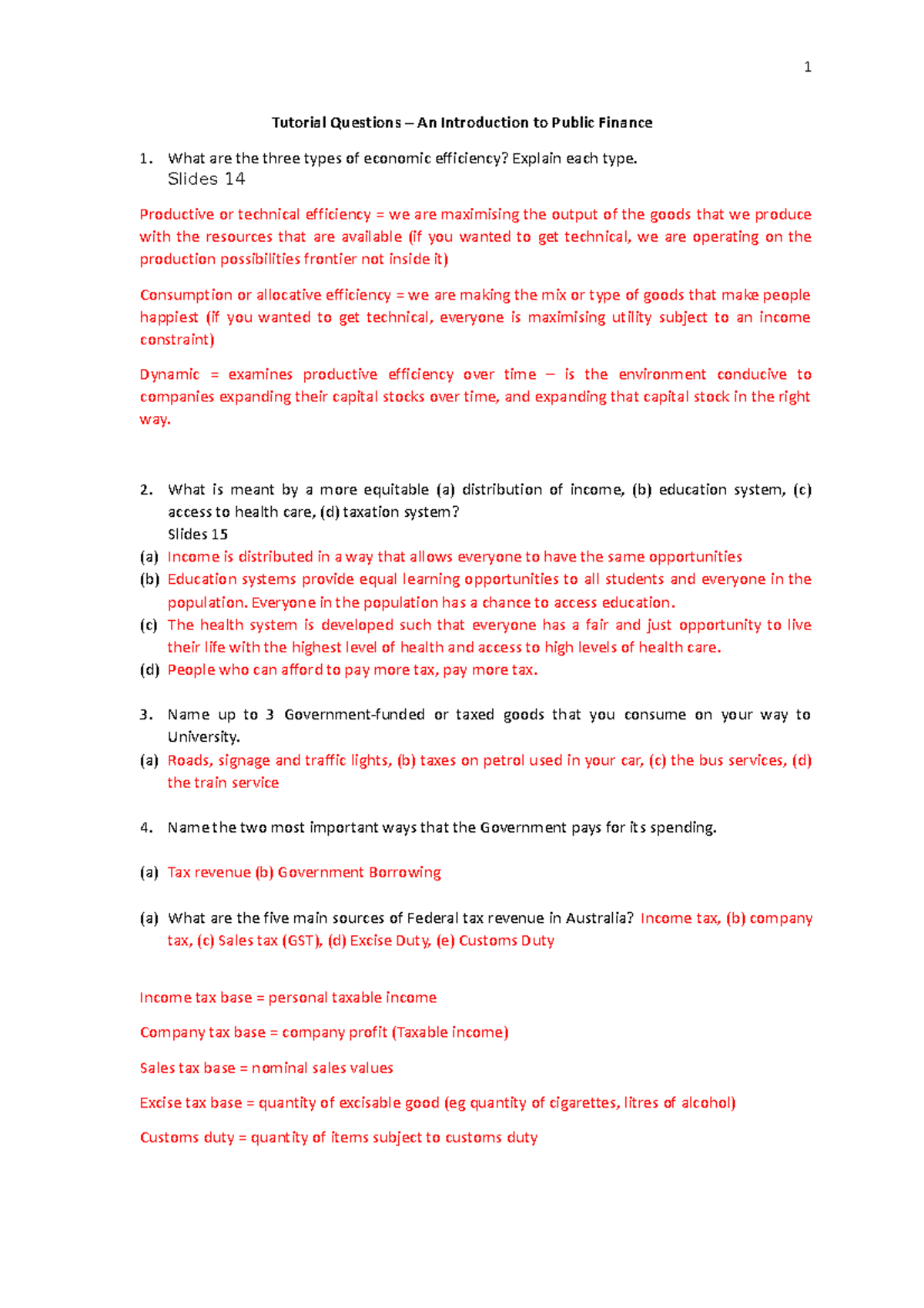 Topic 1 Tutorial Questions - 1 Tutorial Questions – An Introduction to Public Finance What are ...