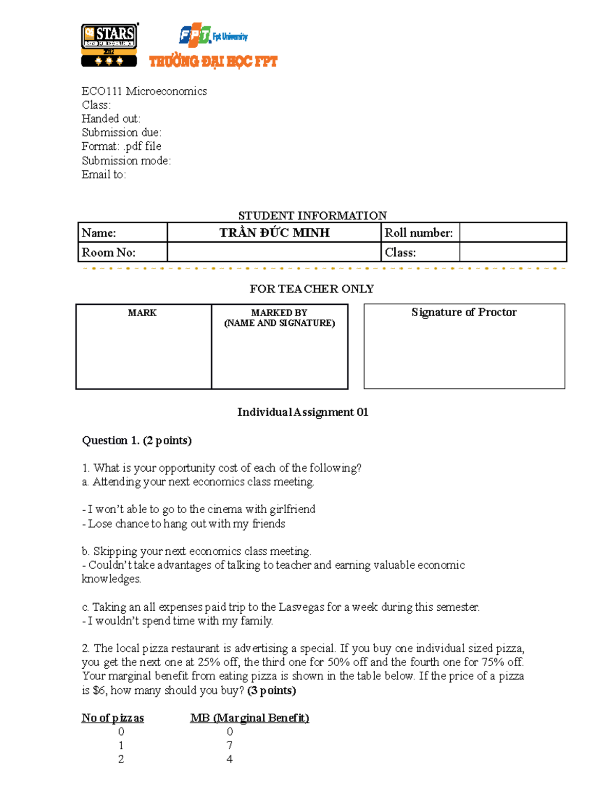 Đức Minh - etc - ECO111 Microeconomics Class: Handed out: Submission ...