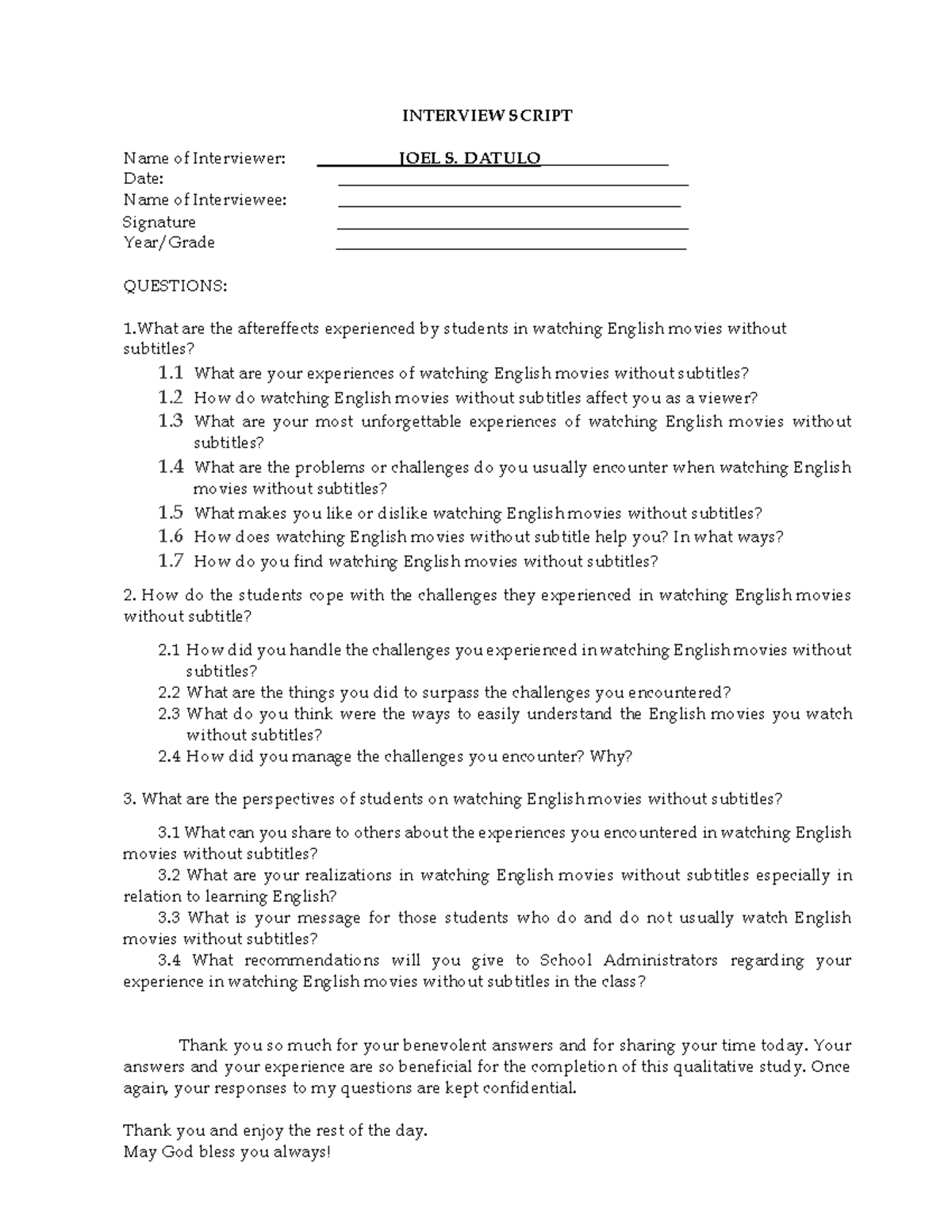 Interview Guide Questions sample - INTERVIEW SCRIPT Name of Interviewer ...