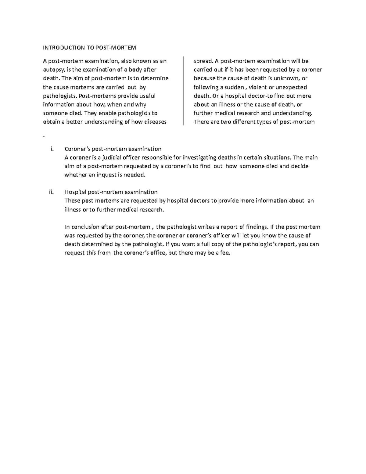 Repostem - INTRODUCTION TO POST-MORTEM A post-mortem examination, also ...