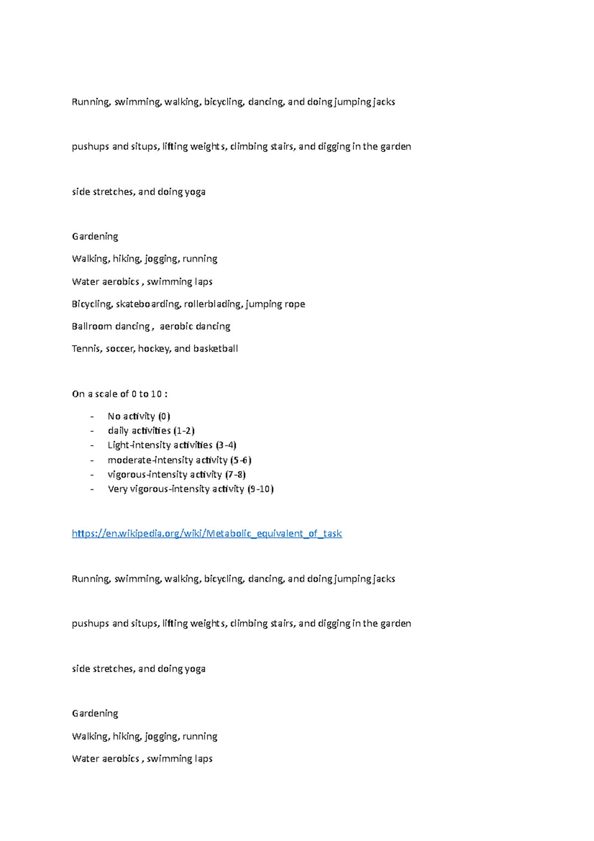 Activity types 1 Assessment Theory - Running, swimming, walking ...