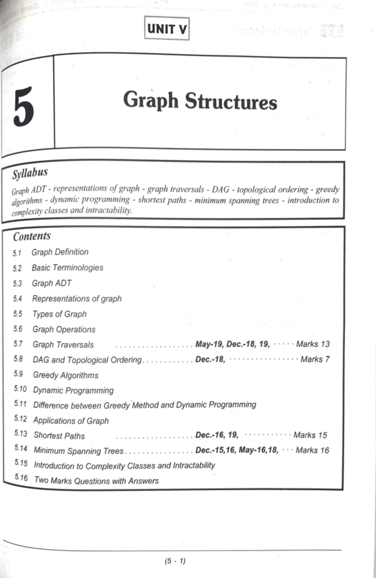 DSA UNIT 5 - dsa unit 5 - UNIT V 5 Graph Structures Syllabus Graph ADT representations of graph ...