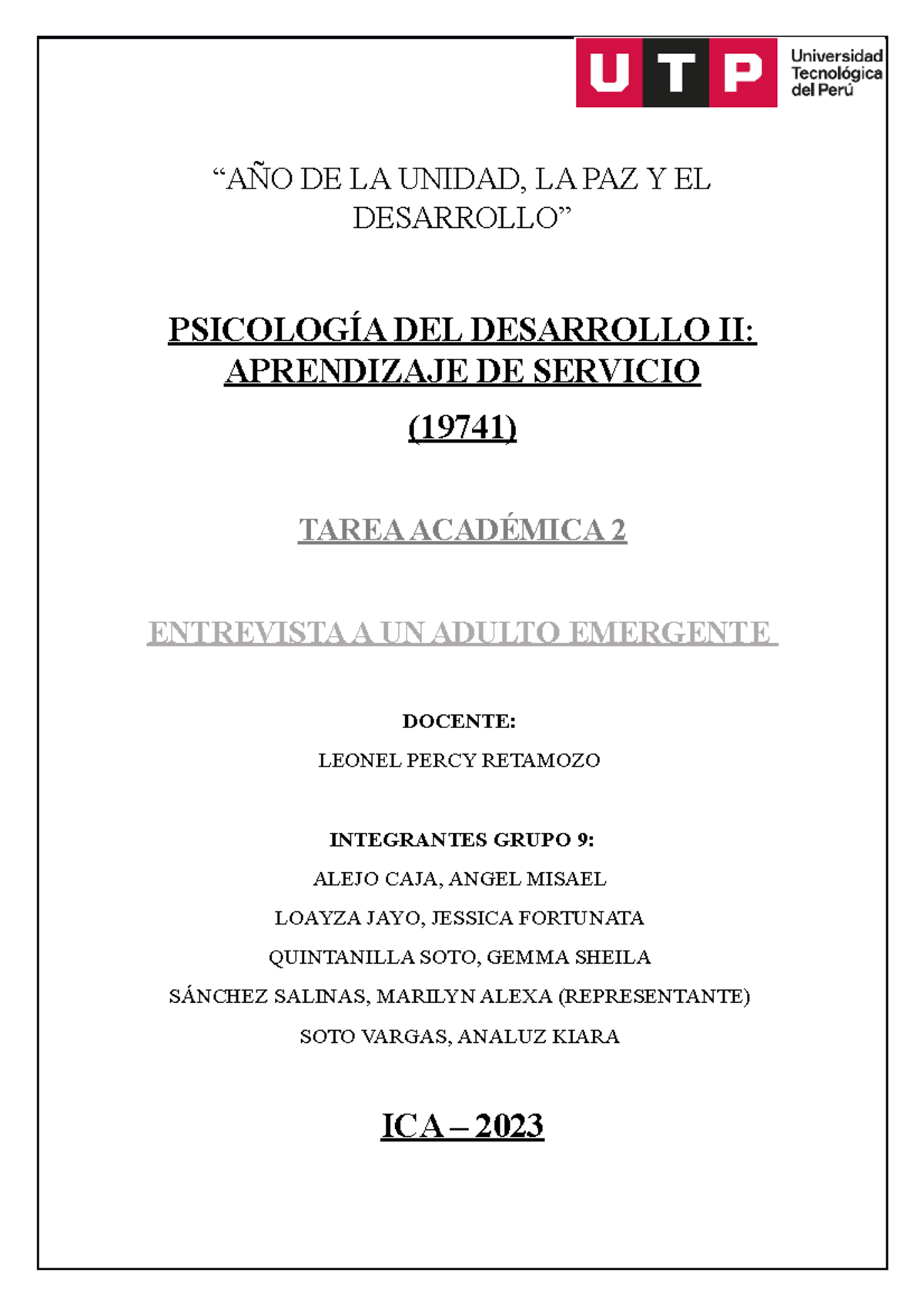 TA2 Psicologia del Desarrollo II - “AÑO DE LA UNIDAD, LA PAZ Y EL DESARROLLO” PSICOLOGÍA DEL ...