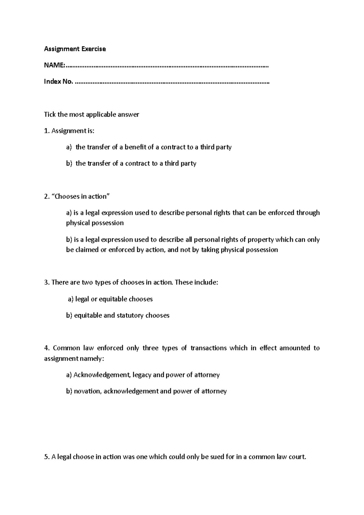 Assignment and Injuctions Exercise 2022 - Assignment Exercise Index No ...