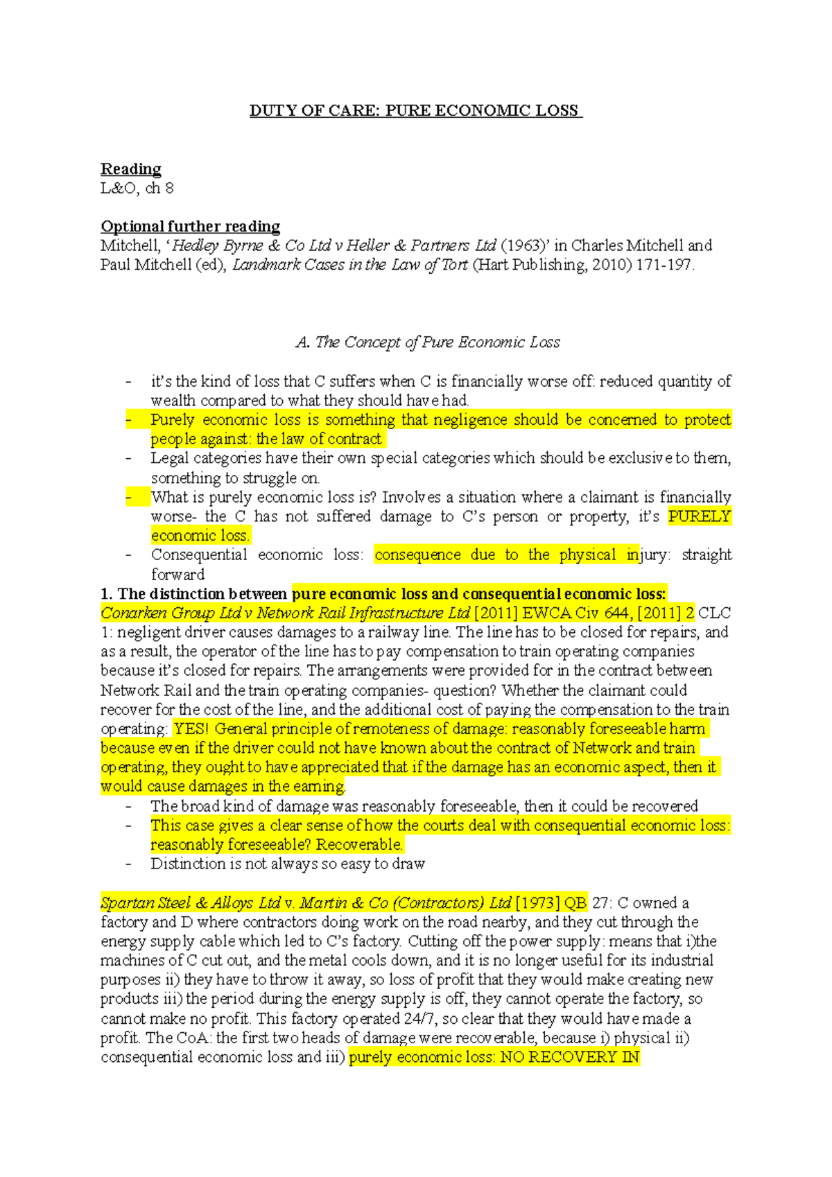 Pure economic loss - lecture notes on POL - DUTY OF CARE: PURE ECONOMIC ...