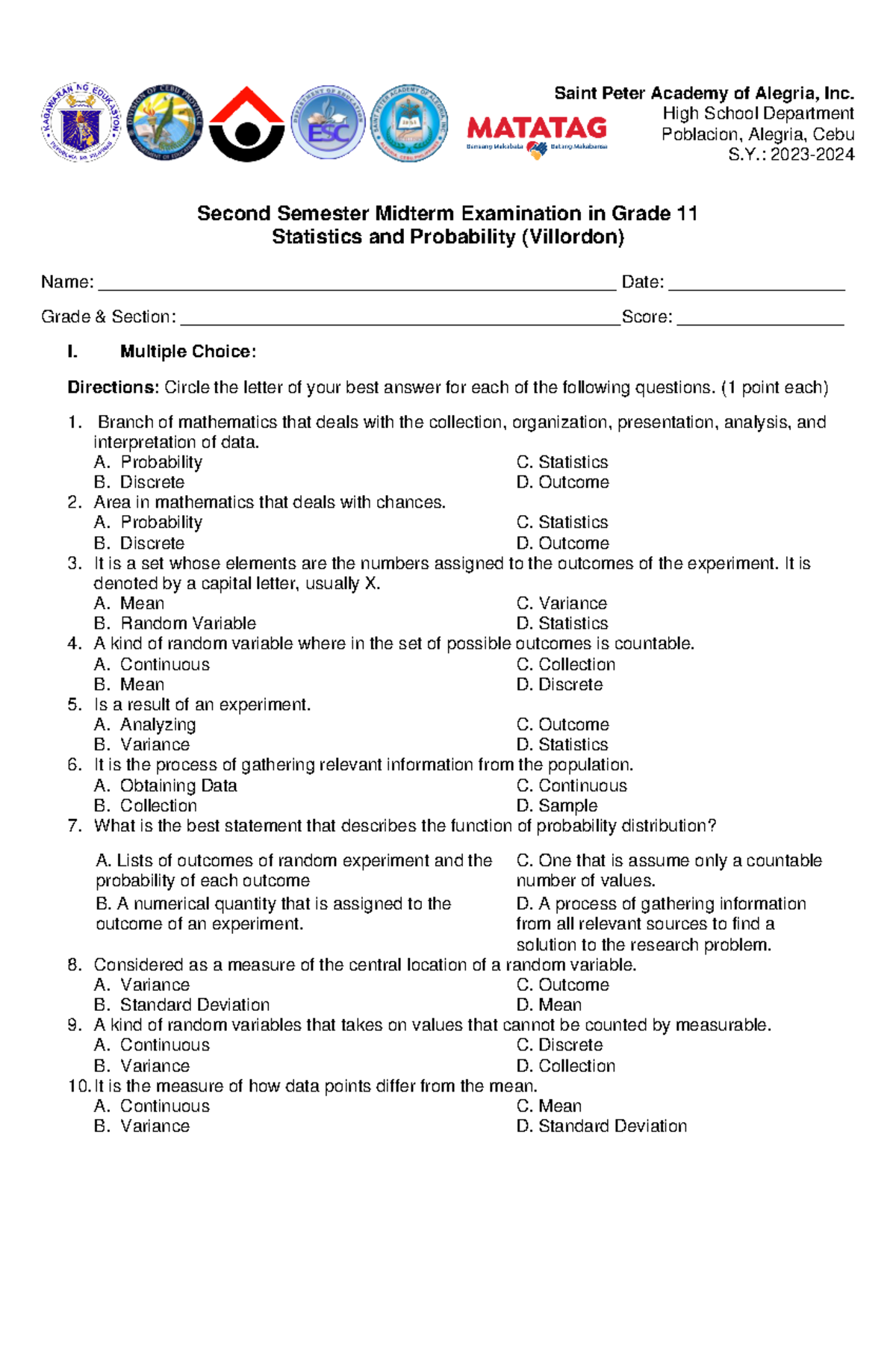 TQ-SAP- Quarter-3- Midterm-11- Villordon - Saint Peter Academy of ...