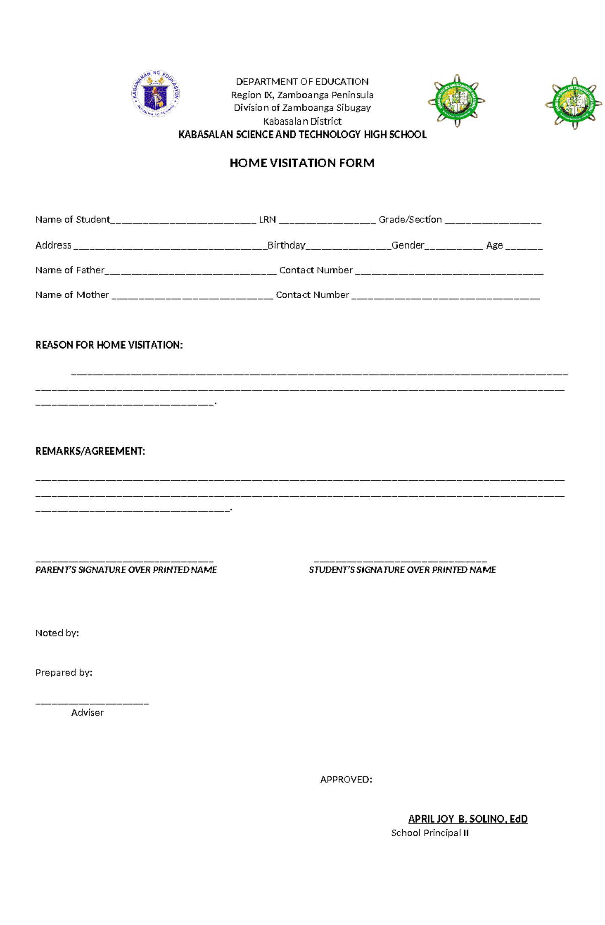 HOME Visitation Form - DEPARTMENT OF EDUCATION Region IX, Zamboanga ...