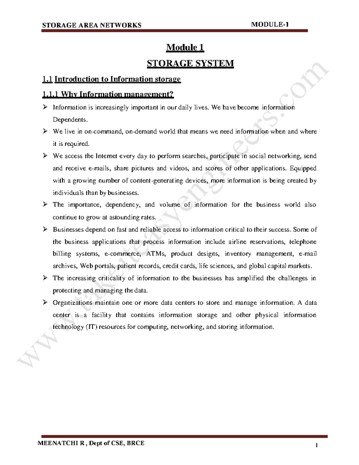 Module -I (SAN) - Storage area network - Module 1 STORAGE SYSTEM 1 Introduction to Information ...