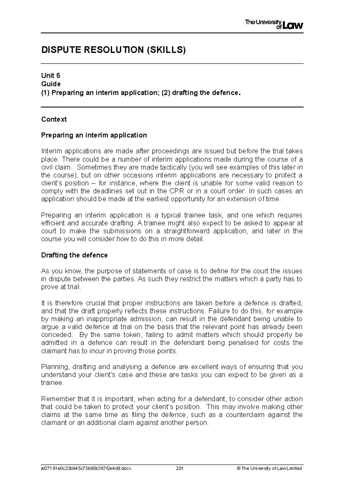 Dispute Resolution Workshop 5 Guide - DISPUTE RESOLUTION (SKILLS) Unit ...