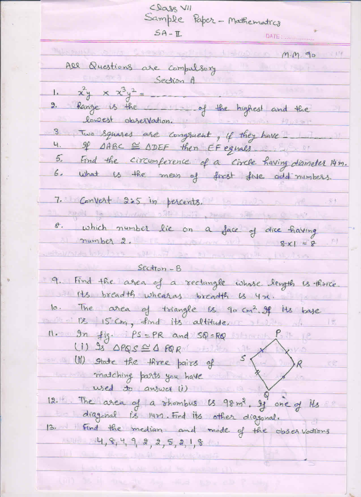 Math Sample Paper Class VII - Mathematics: Applications and Interpretation SL - Studocu