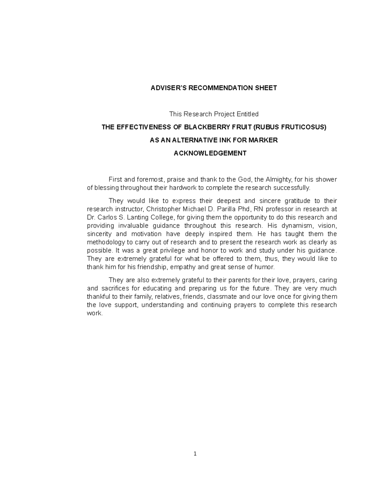 Blackberry Fruit INK Research Paper - ADVISER’S RECOMMENDATION SHEET ...