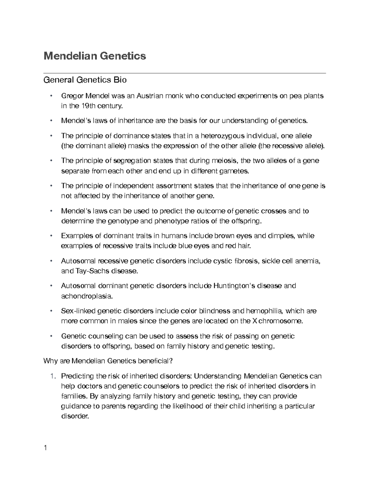 Mendelian Genetics Notes - Mendelian Genetics General Genetics Bio ...