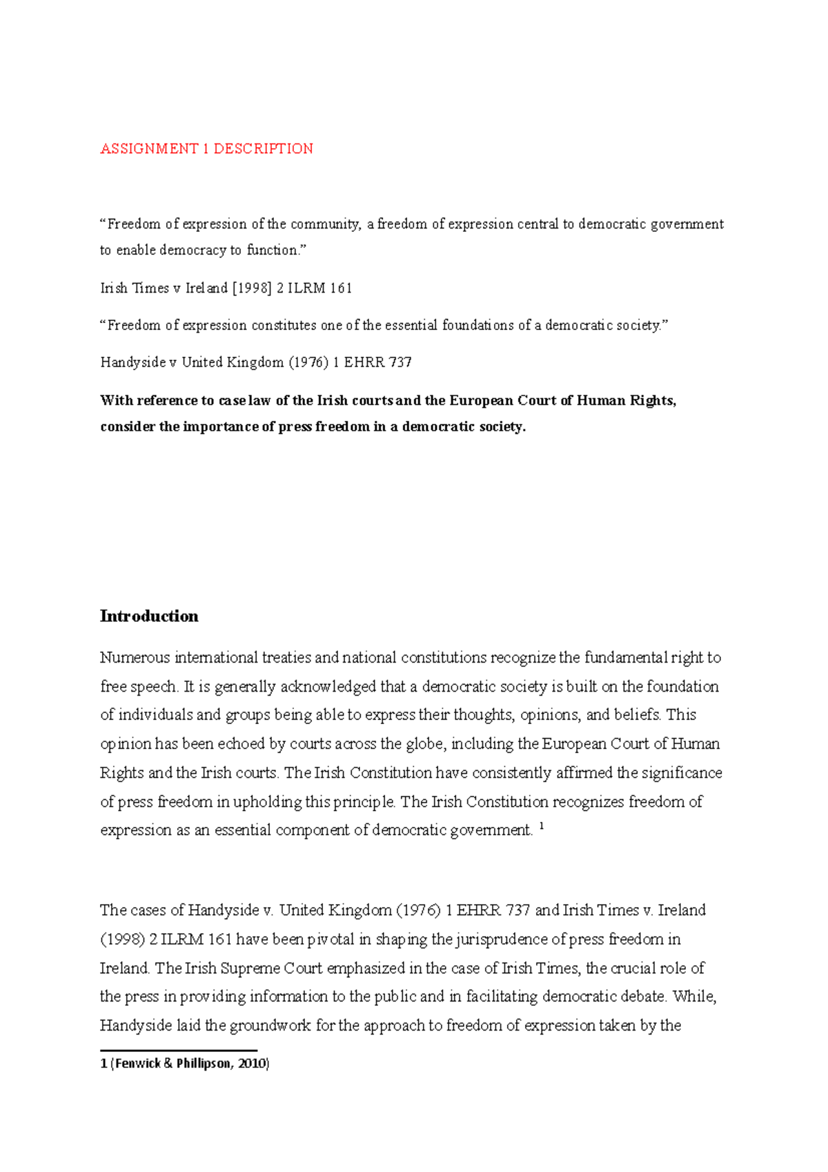 Media Law Draft Essay - ASSIGNMENT 1 DESCRIPTION “Freedom of expression ...