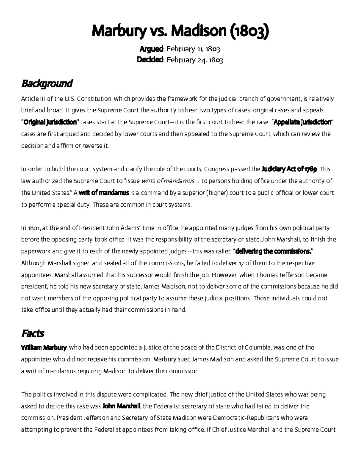 Copy of Marbury vs Madison Reading - Marbury vs. Madison (1803) Argued ...
