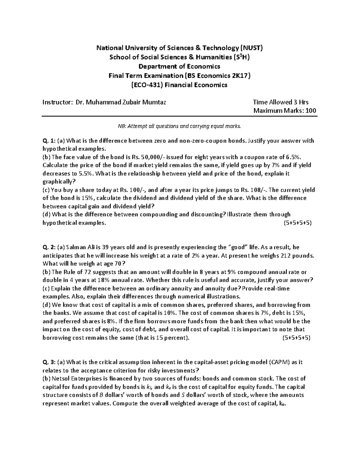 Finance Exam prep notes - National University of Sciences & Technology ...