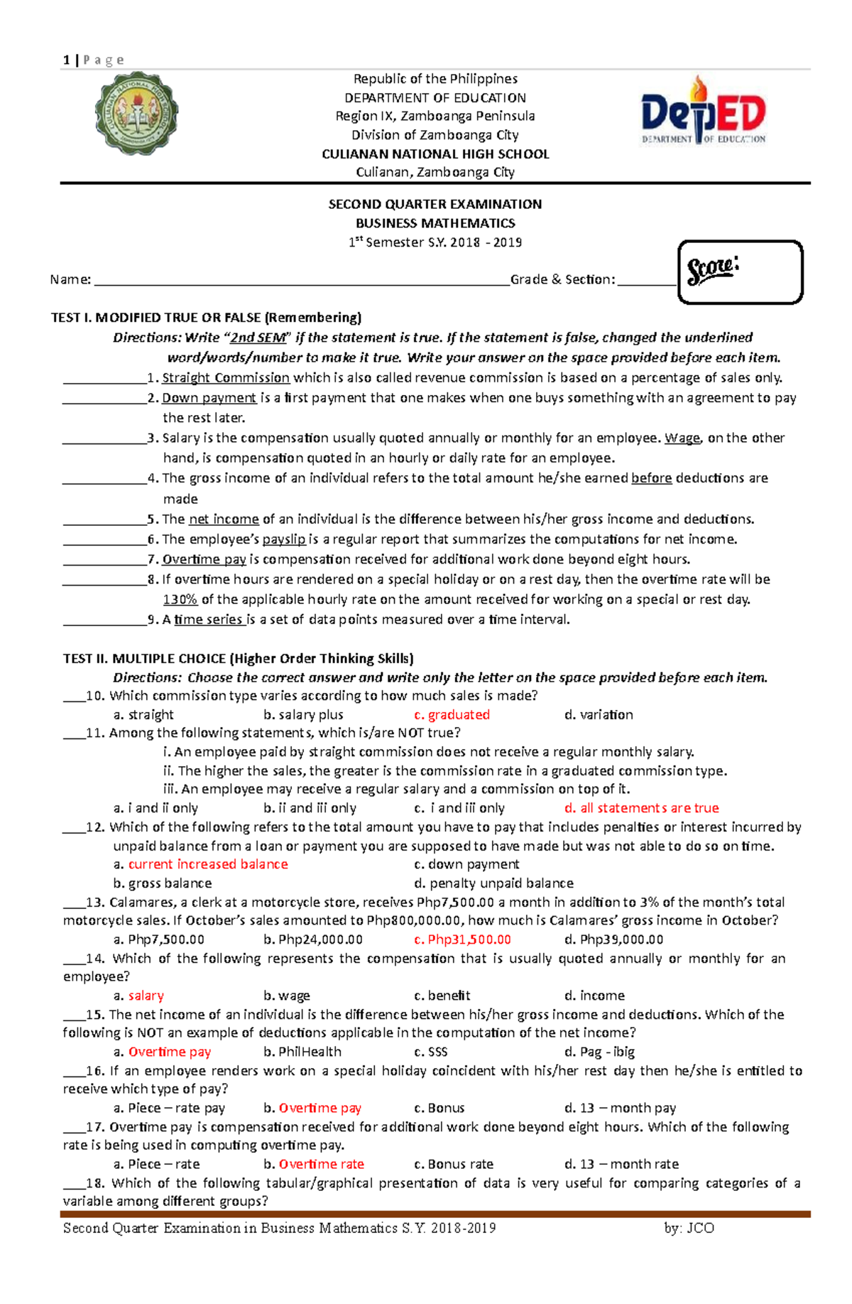 Business math 2nd quarter with answer key - 1 | P a g e Second Quarter ...