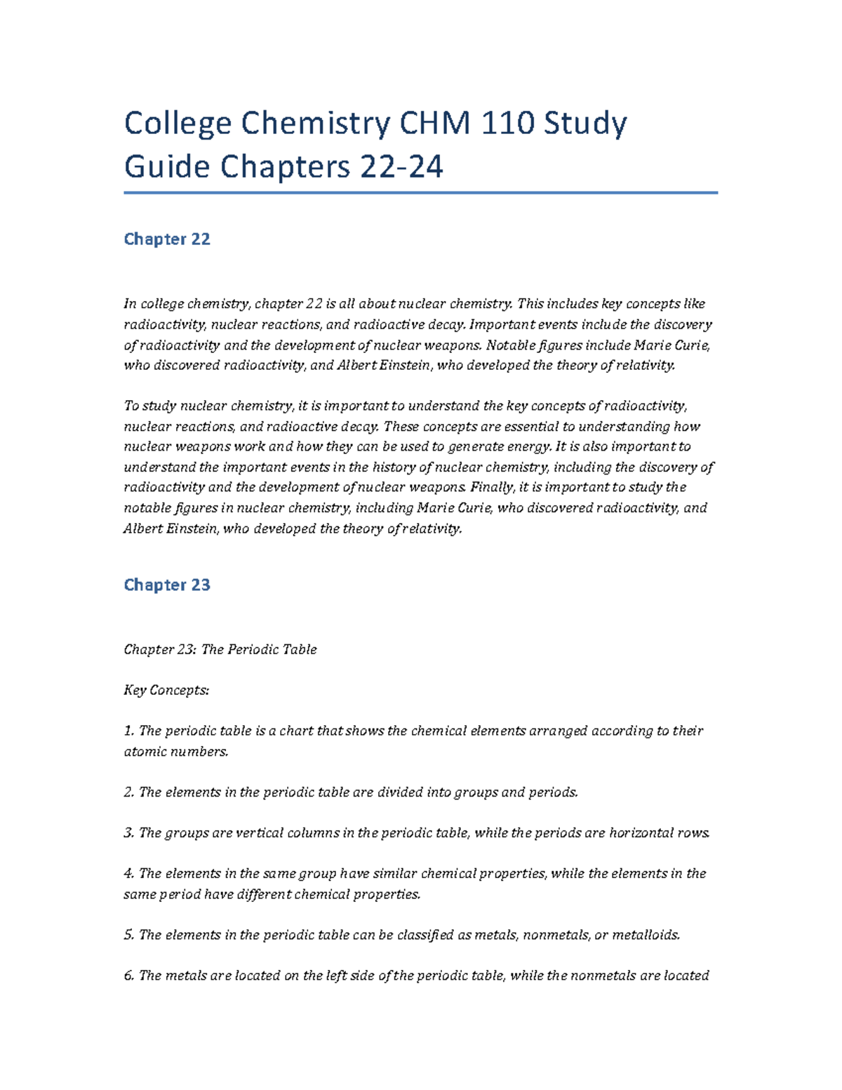 College Chemistry CHM 110 Study Guide Chapters 22-24 - College ...