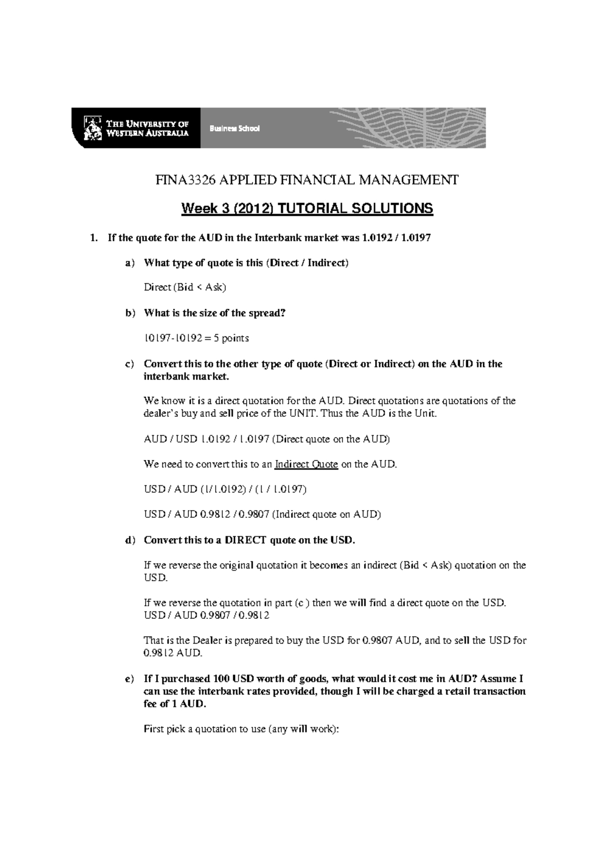 Solution week 3 - FINA3326 APPLIED FINANCIAL MANAGEMENT Week 3 (2012 ...