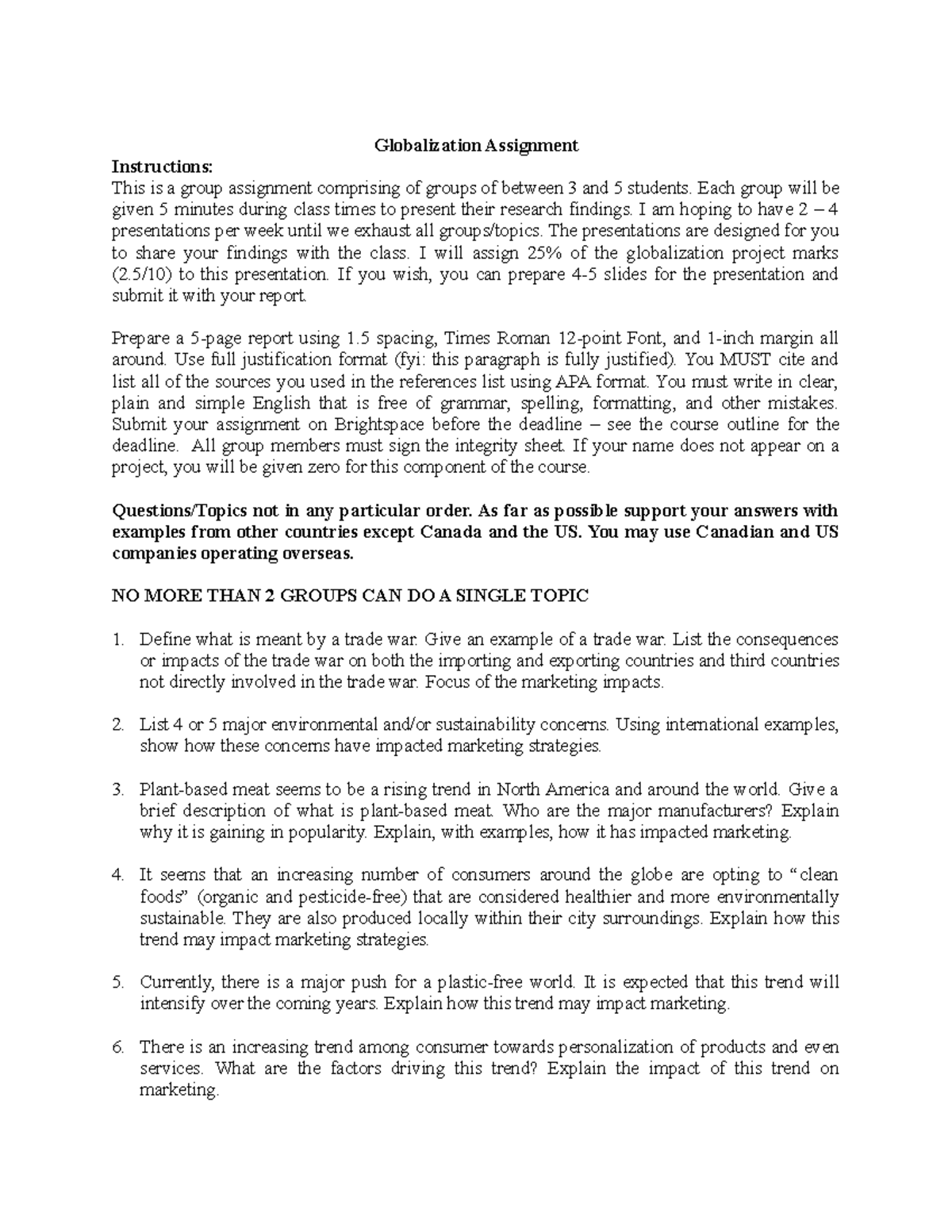 Globalization Assign & Rubric - Globalization Assignment Instructions ...