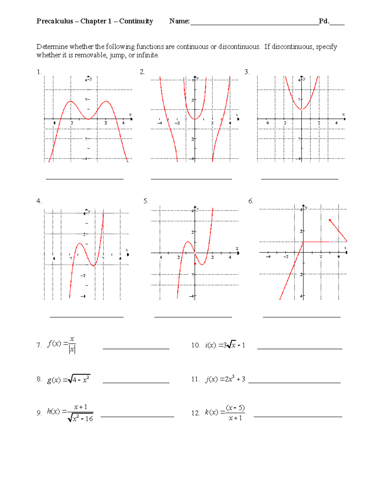Continuity HW - n/a - Precalculus Chapter 1 Continuity Determine ...