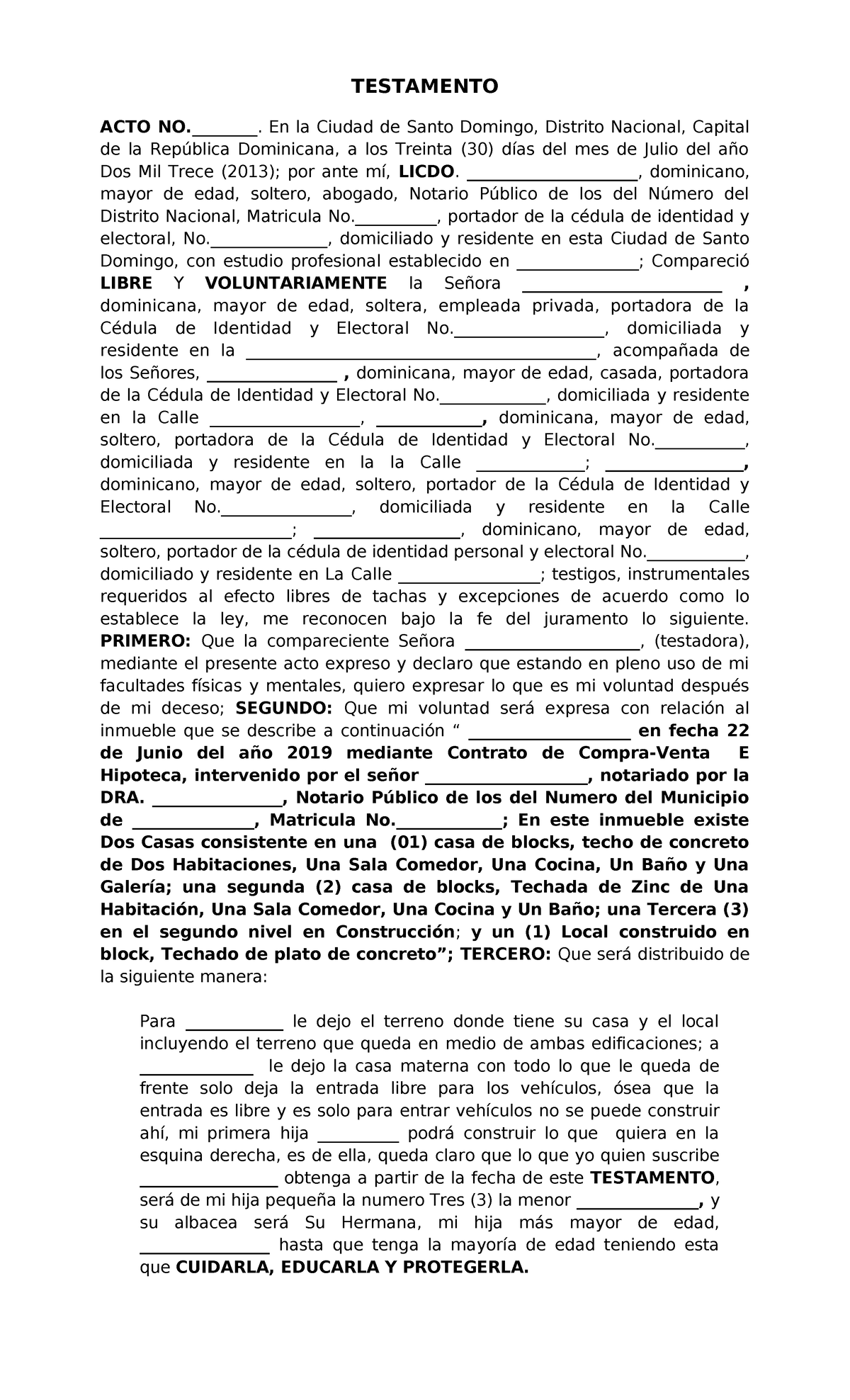 Testamento modelo - TESTAMENTO ACTO NO.__. En la Ciudad de Santo ...