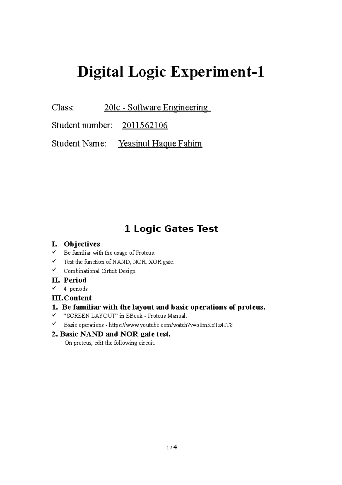Experiment-I 2011 562106 - Digital Logic Experiment- Class: 20lc - Software Engineering Student ...