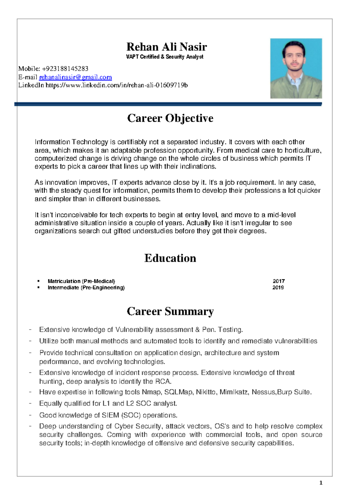 Resume For Education - STUDY - Rehan Ali Nasir VAPT Certified ...
