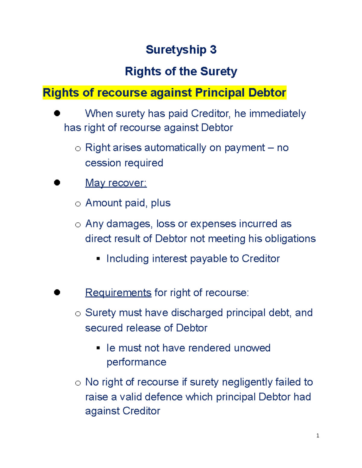 Suretyship Lecture Notes 3 - Suretyship 3 Rights of the Surety Rights ...