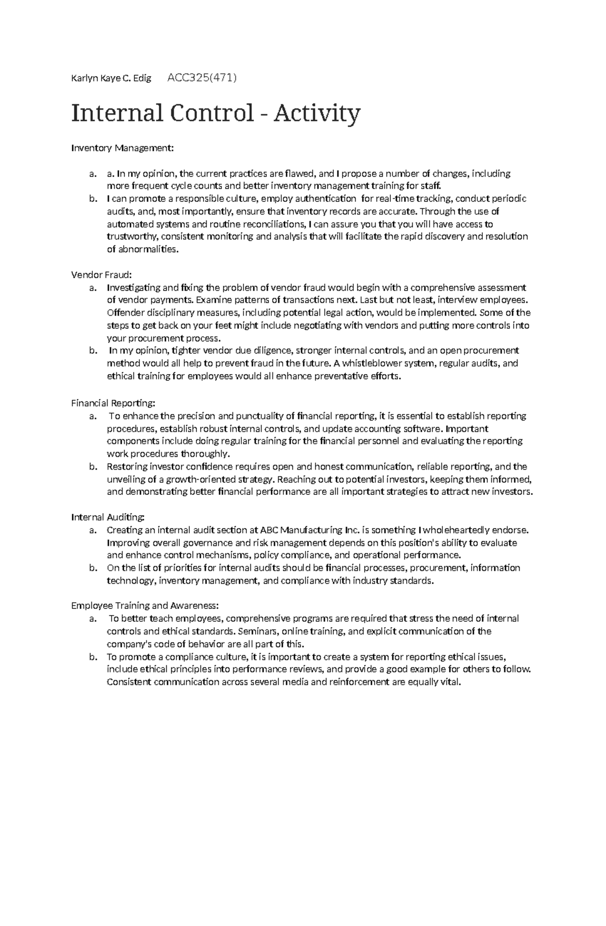 Internal Control - Activity - Karlyn Kaye C. Edig ACC325(471) Internal ...
