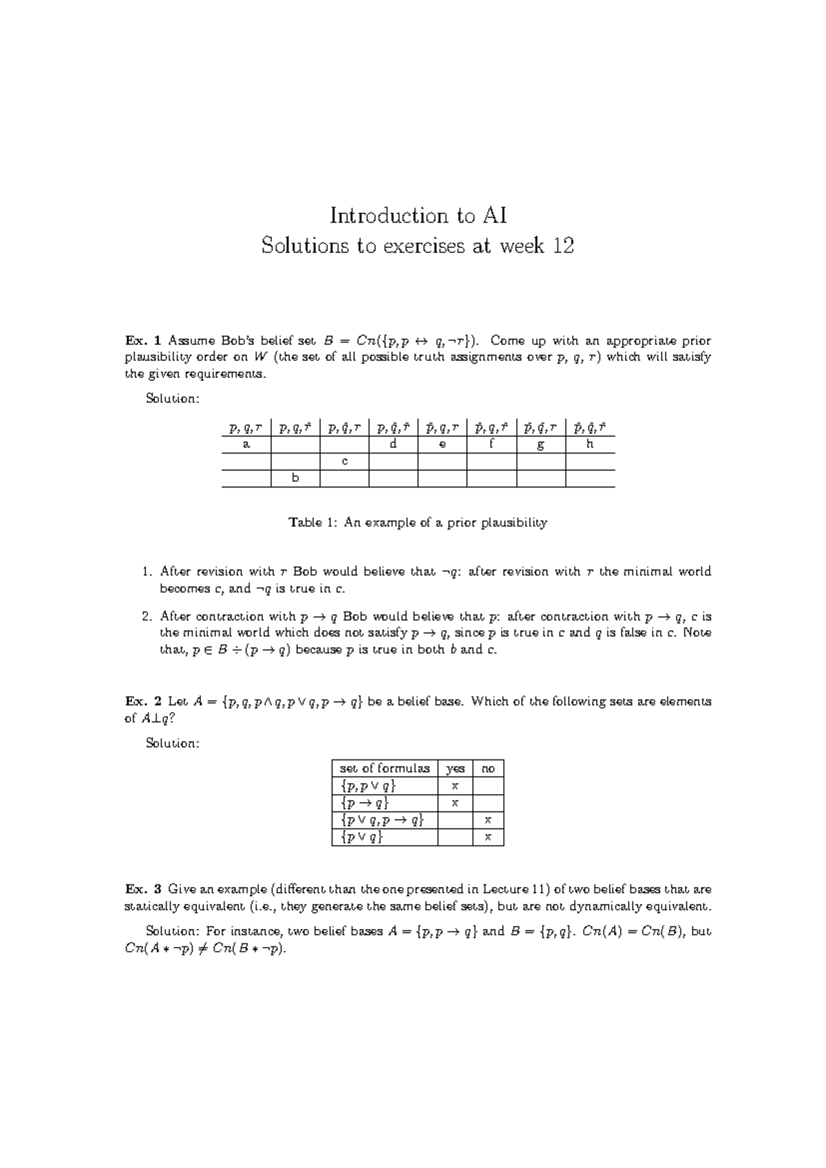 Exe week12 Solution - Introduction to AI Solutions to exercises at week 12 Ex. 1 Assume Bob’s ...