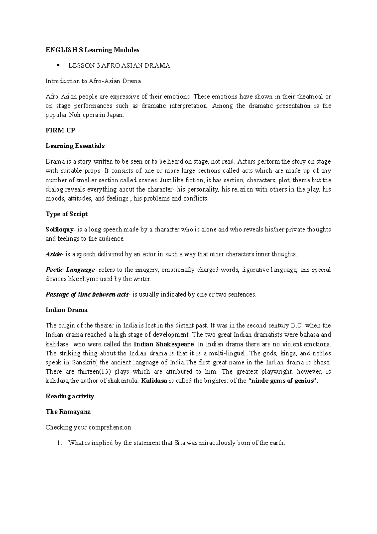 English 7 module - ENGLISH 8 Learning Modules LESSON 3 AFRO ASIAN DRAMA ...