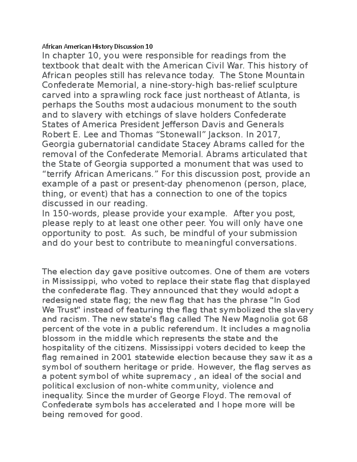 African American History Discussion 10 - This history of African ...